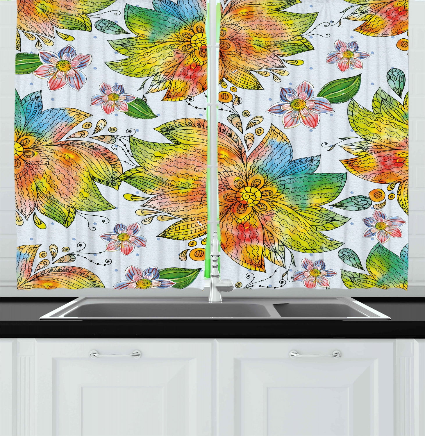 Ambesonne Floral Kitchen Curtains, Macro Flower Petals Art, 55"x39 ...
