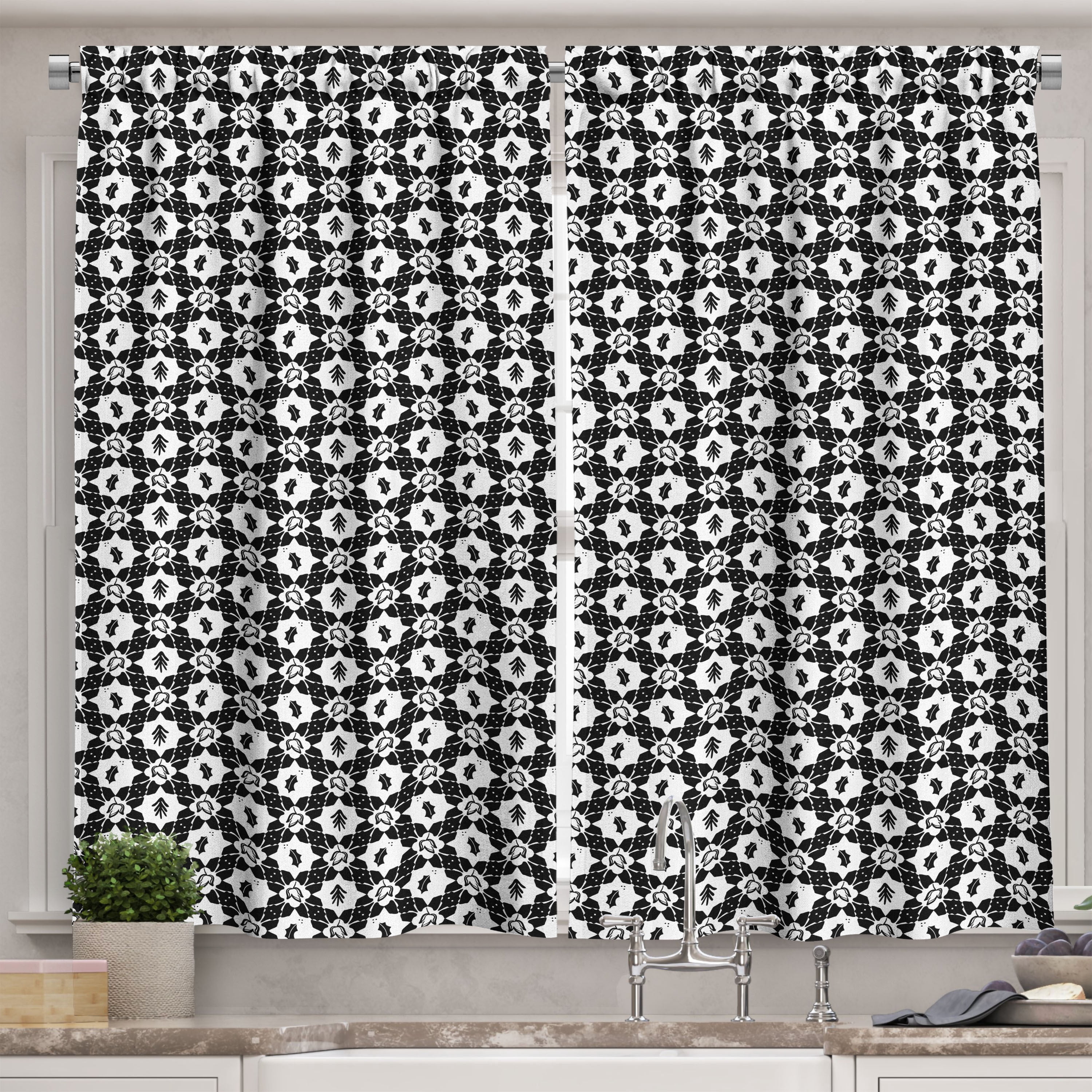 Ambesonne Floral Kitchen Curtains, Monochrome Botany Scenery, 55"x45 ...