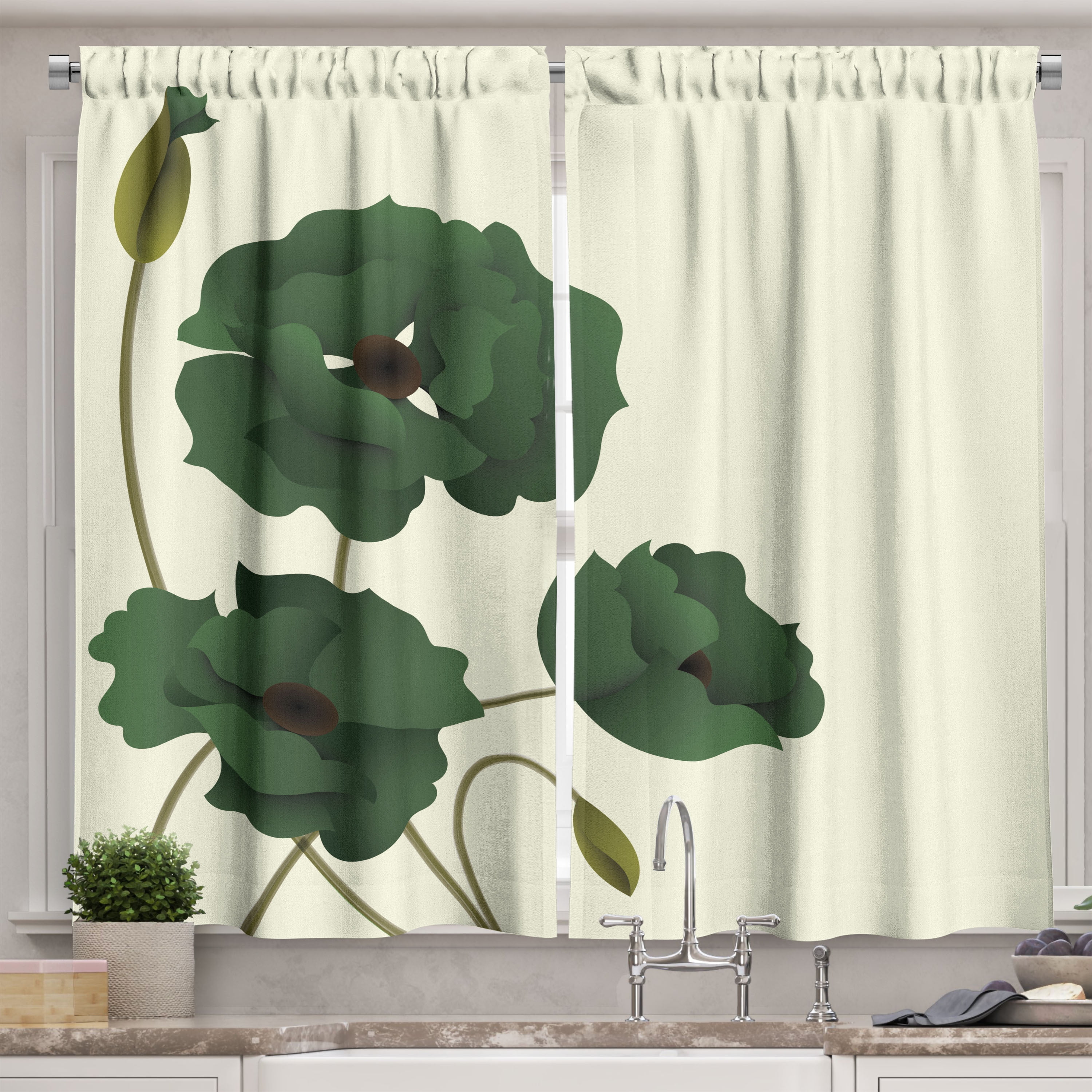 Ambesonne Floral Kitchen Curtains, Poppy Flowers Buds Pastoral, 55"x24", Hunter Green - Walmart.com