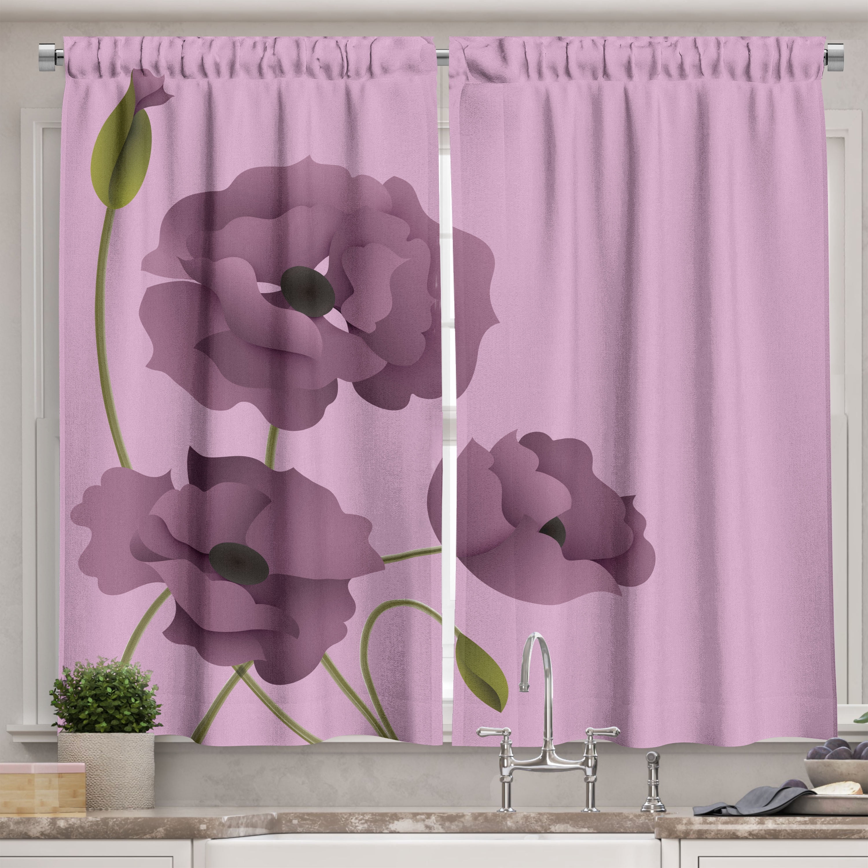 Ambesonne Floral Kitchen Curtains, Poppy Flowers Buds Pastoral, 55"x30 ...