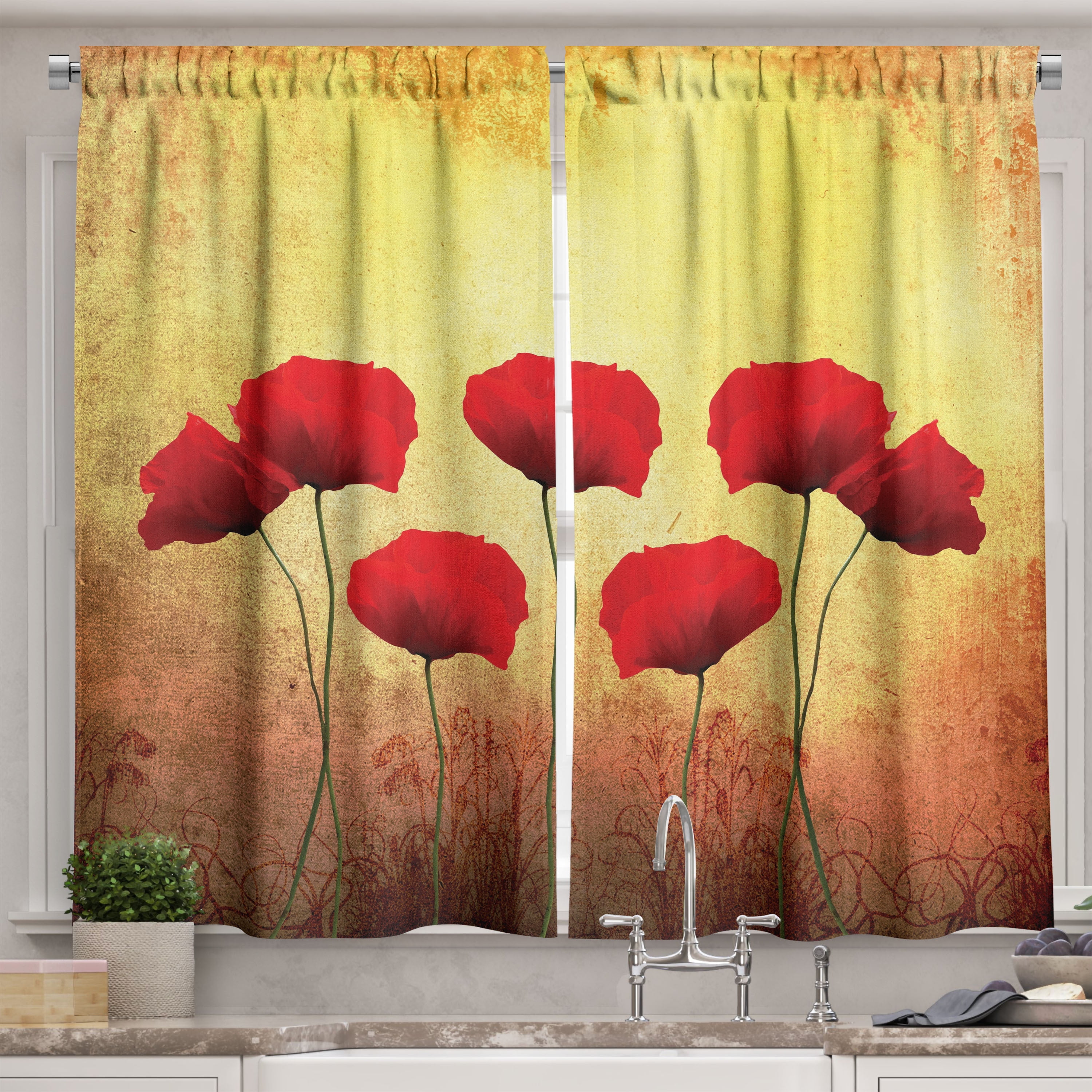 Ambesonne Floral Kitchen Curtains, Retro Poppy Flowers, 55"x45 ...