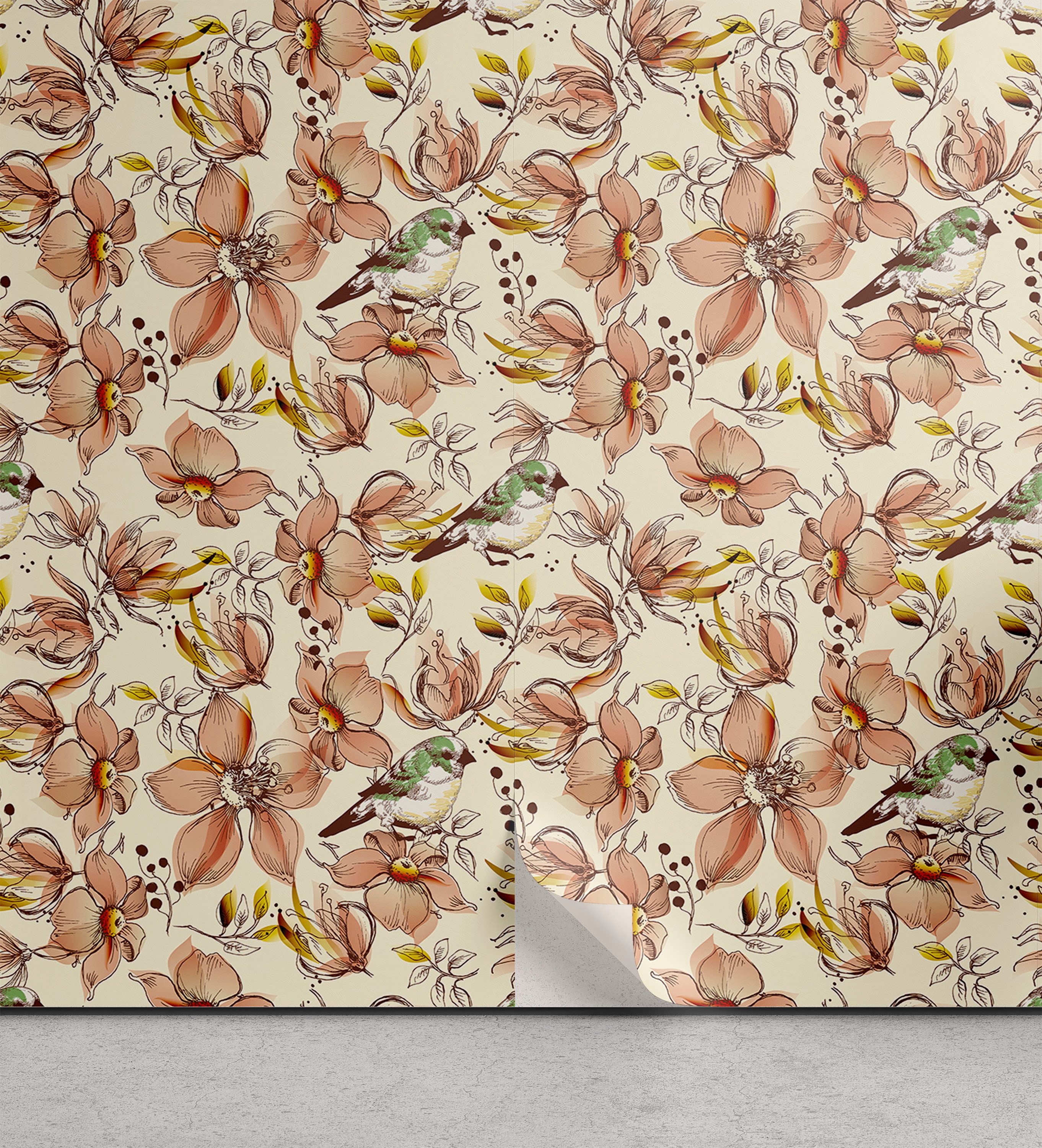 Ambesonne Floral Peel & Stick Wallpaper for Home, Sparrows and 5 Petals Flower, 13"x36", Pale ...