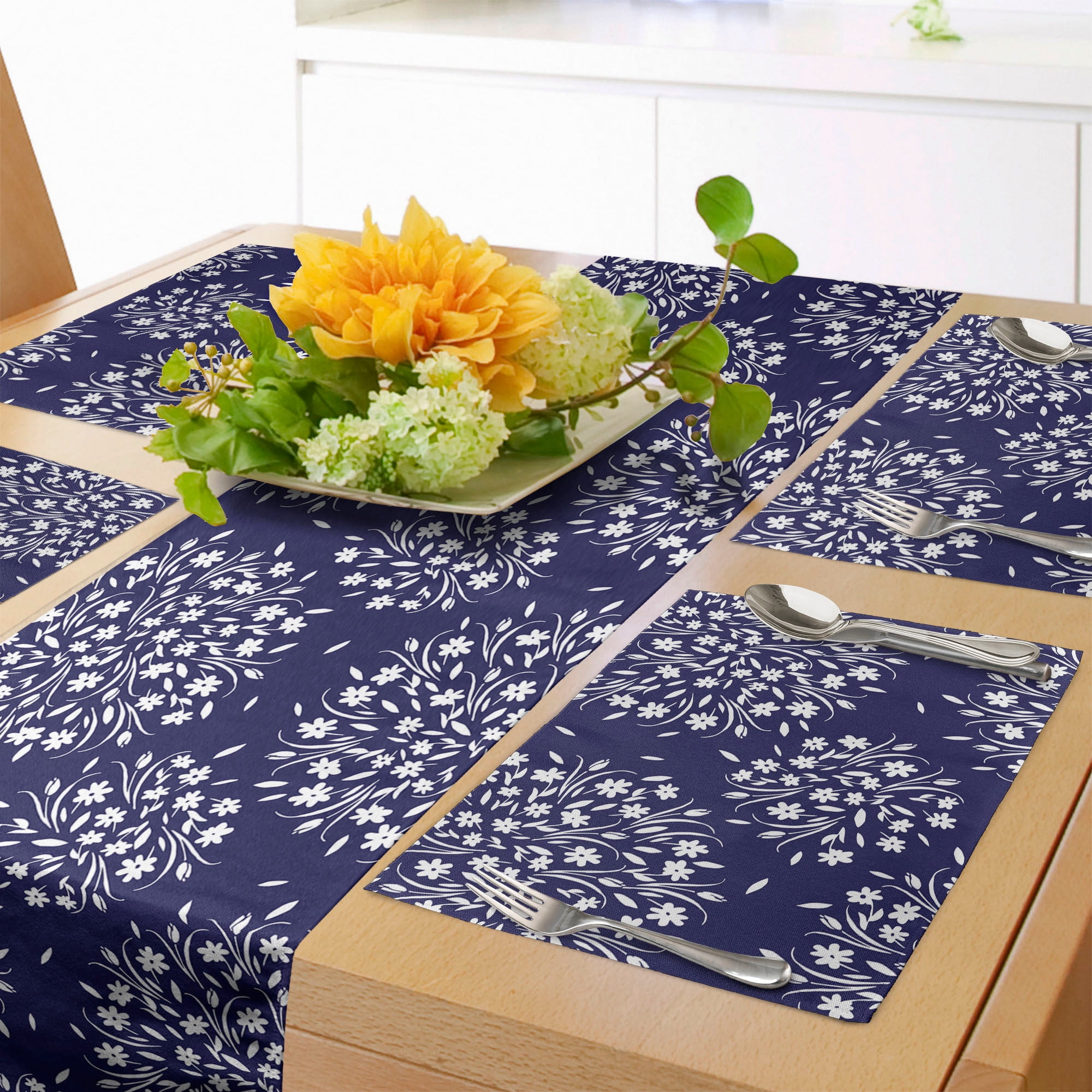 Ambesonne Floral Print Table Runner & Placemats, Wildflowers Scroll ...
