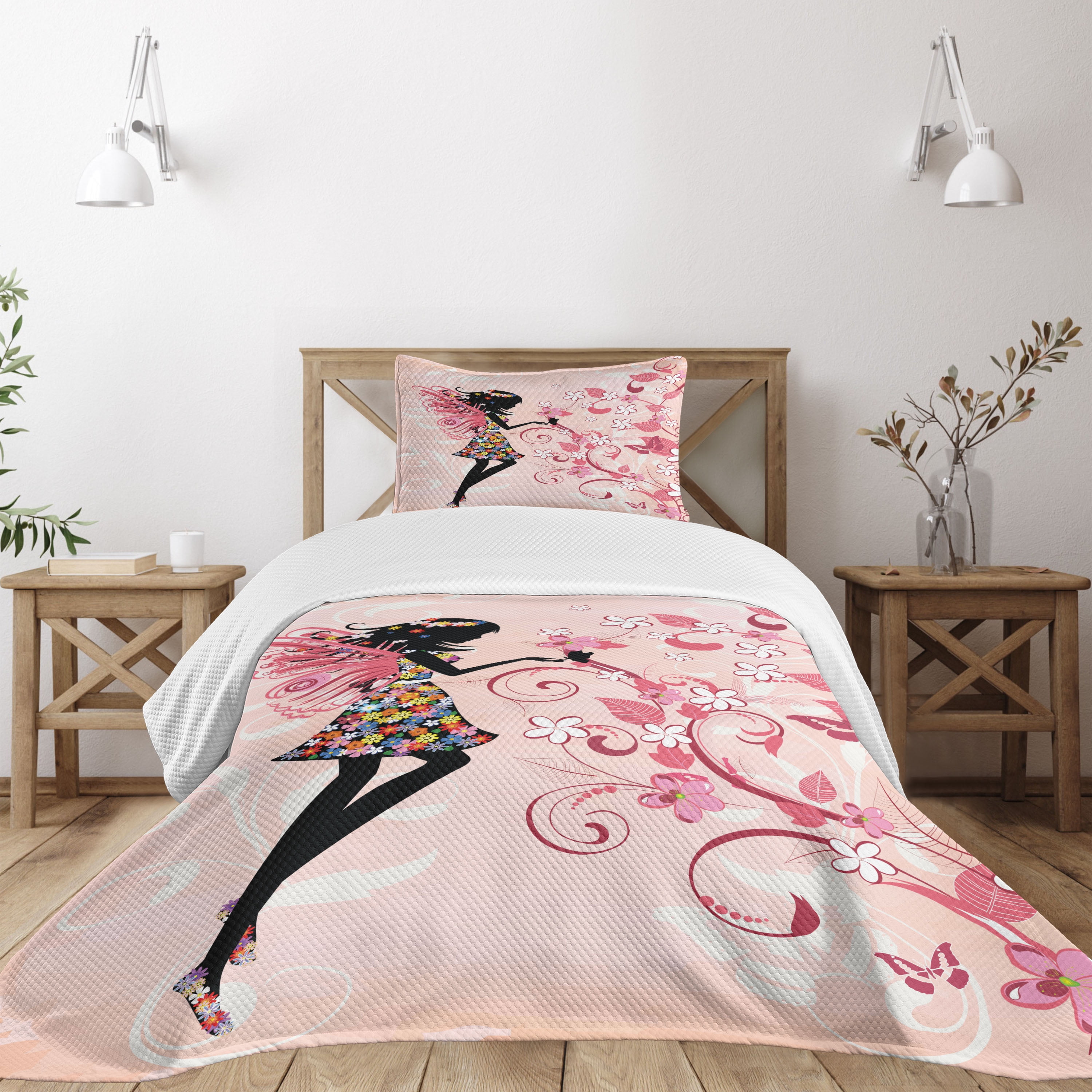Ambesonne Floral Quilted Bedspread Set 2 Pcs, Angel Girl Silhouette ...