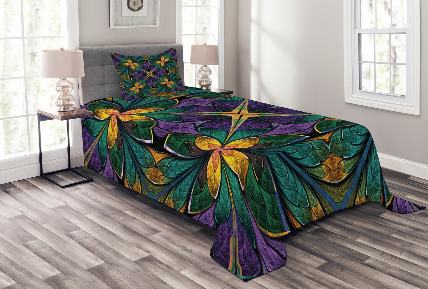 Ambesonne Floral Quilted Bedspread Set 2 Pcs, Antique Window Style ...