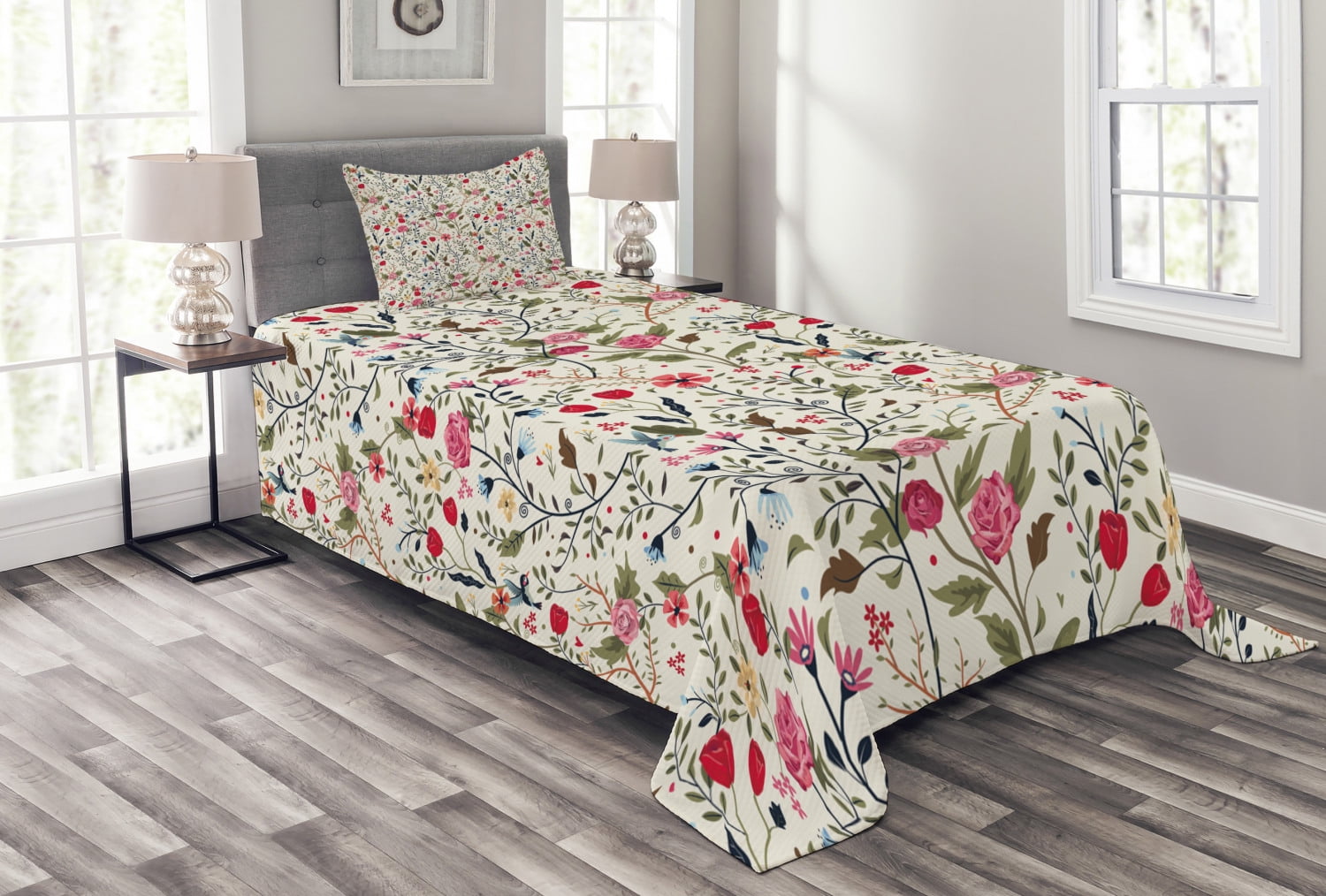 Ambesonne Floral Quilted Bedspread Set 2 Pcs, Birds Roses Polka Dots ...