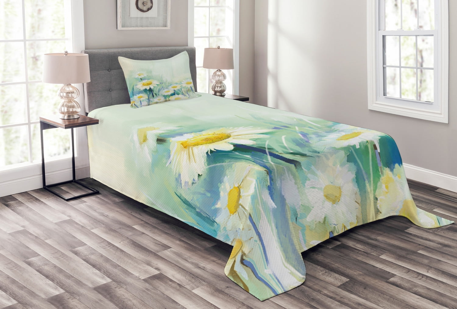 Ambesonne Floral Quilted Bedspread Set 2 Pcs, Daisy Flower Field Art ...