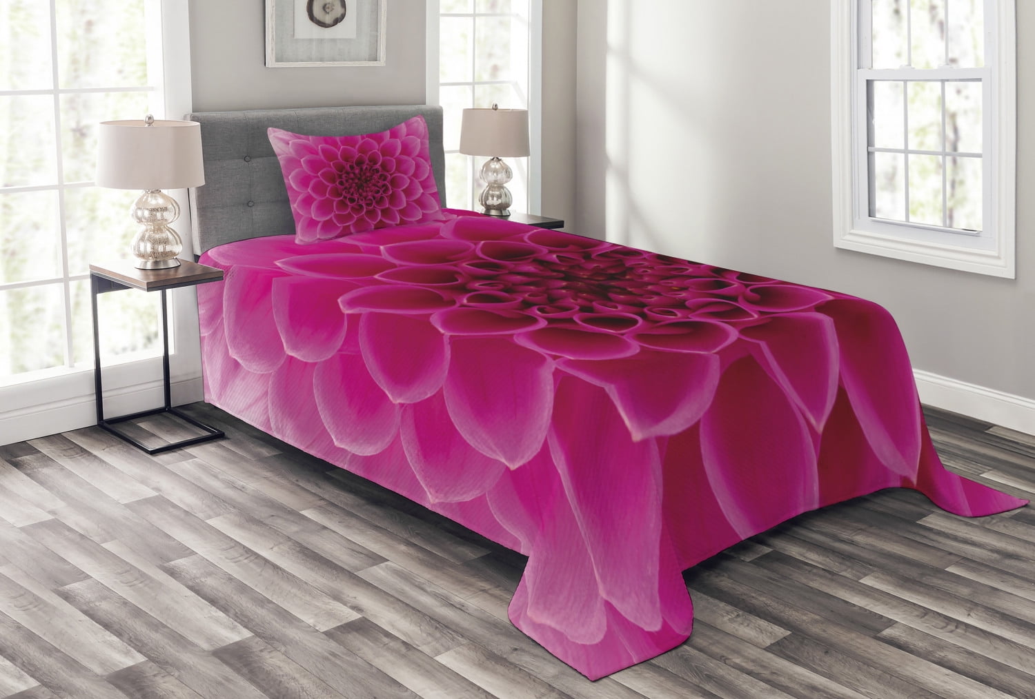 Ambesonne Floral Quilted Bedspread Set 2 Pcs, Fresh Bloom Petal Nature ...