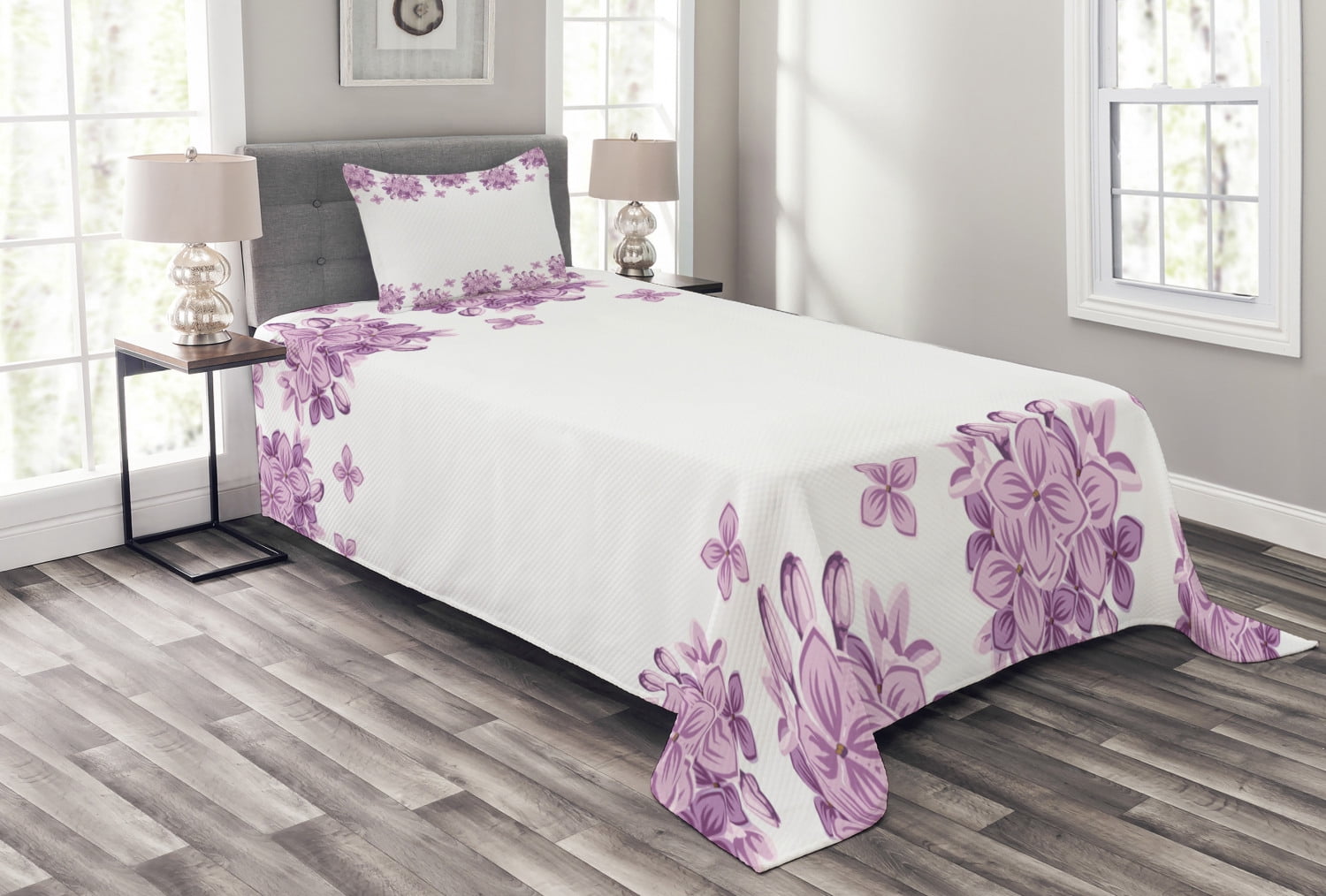 Ambesonne Floral Quilted Bedspread Set 2 Pcs, Lilac Flowers Blossoms ...