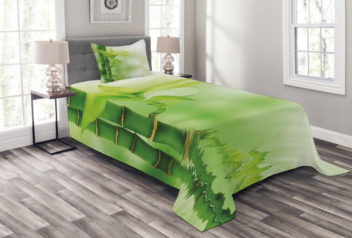 Ambesonne Floral Quilted Bedspread Set 2 Pcs, Modern Asian Boho Bloom Art, Twin Size, Emerald ...