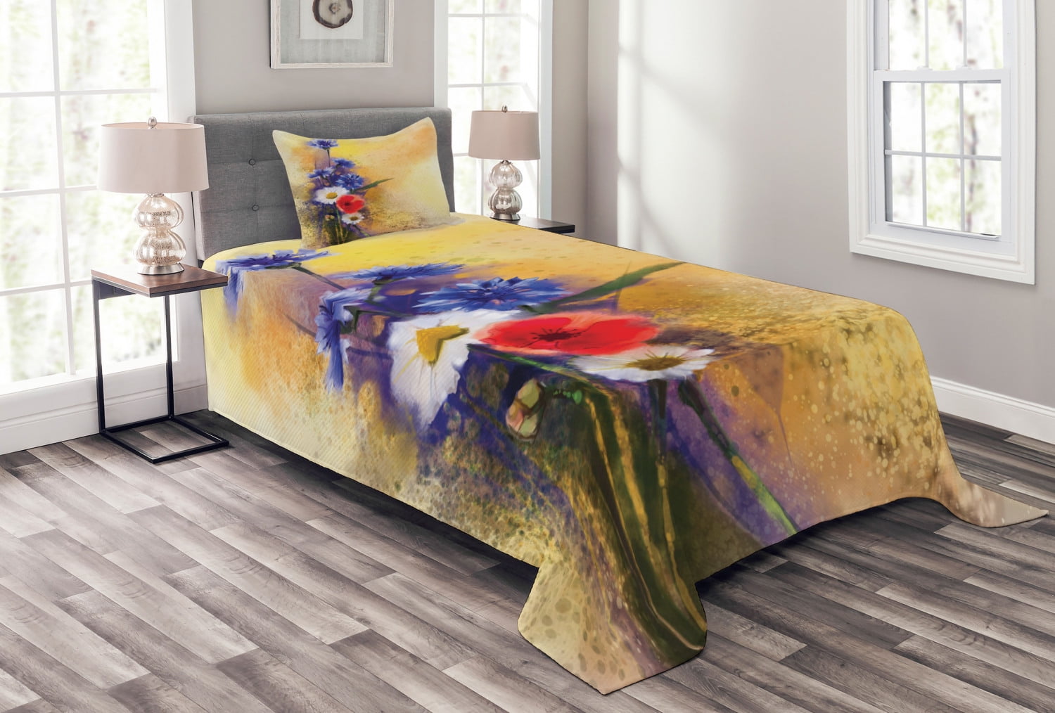 Ambesonne Floral Quilted Bedspread Set 2 Pcs, Poppy Chamomile Spring ...