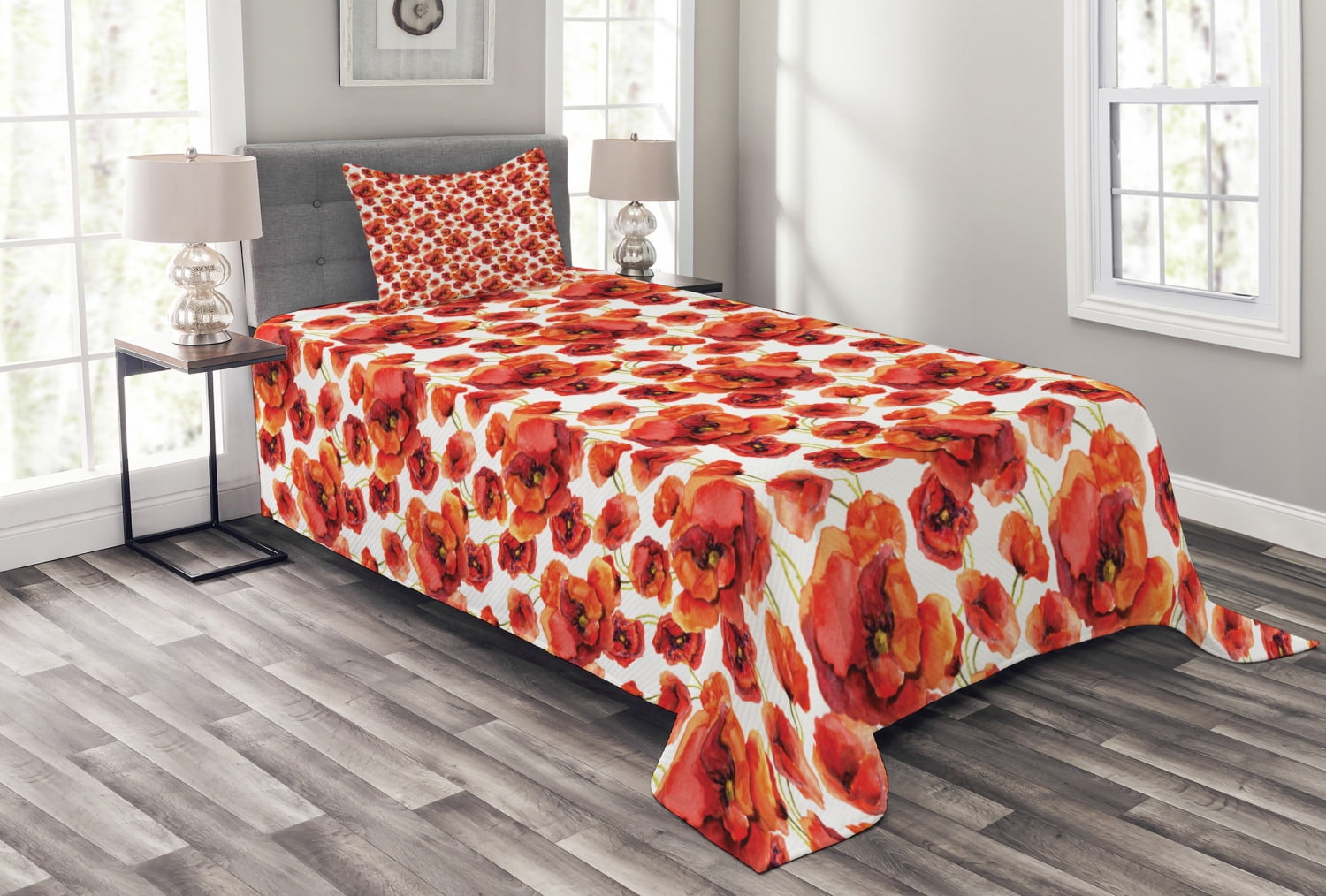 Ambesonne Floral Quilted Bedspread Set 2 Pcs, Red Poppy Flowers, Twin ...