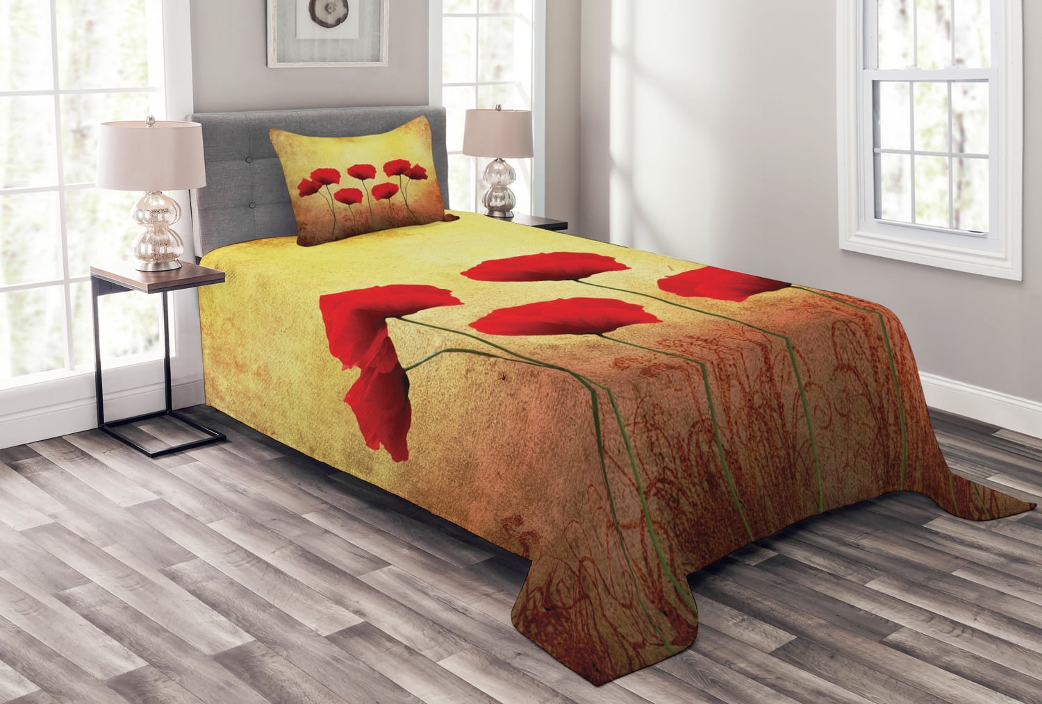 Ambesonne Floral Quilted Bedspread Set 2 Pcs, Retro Poppy Flowers, Twin ...