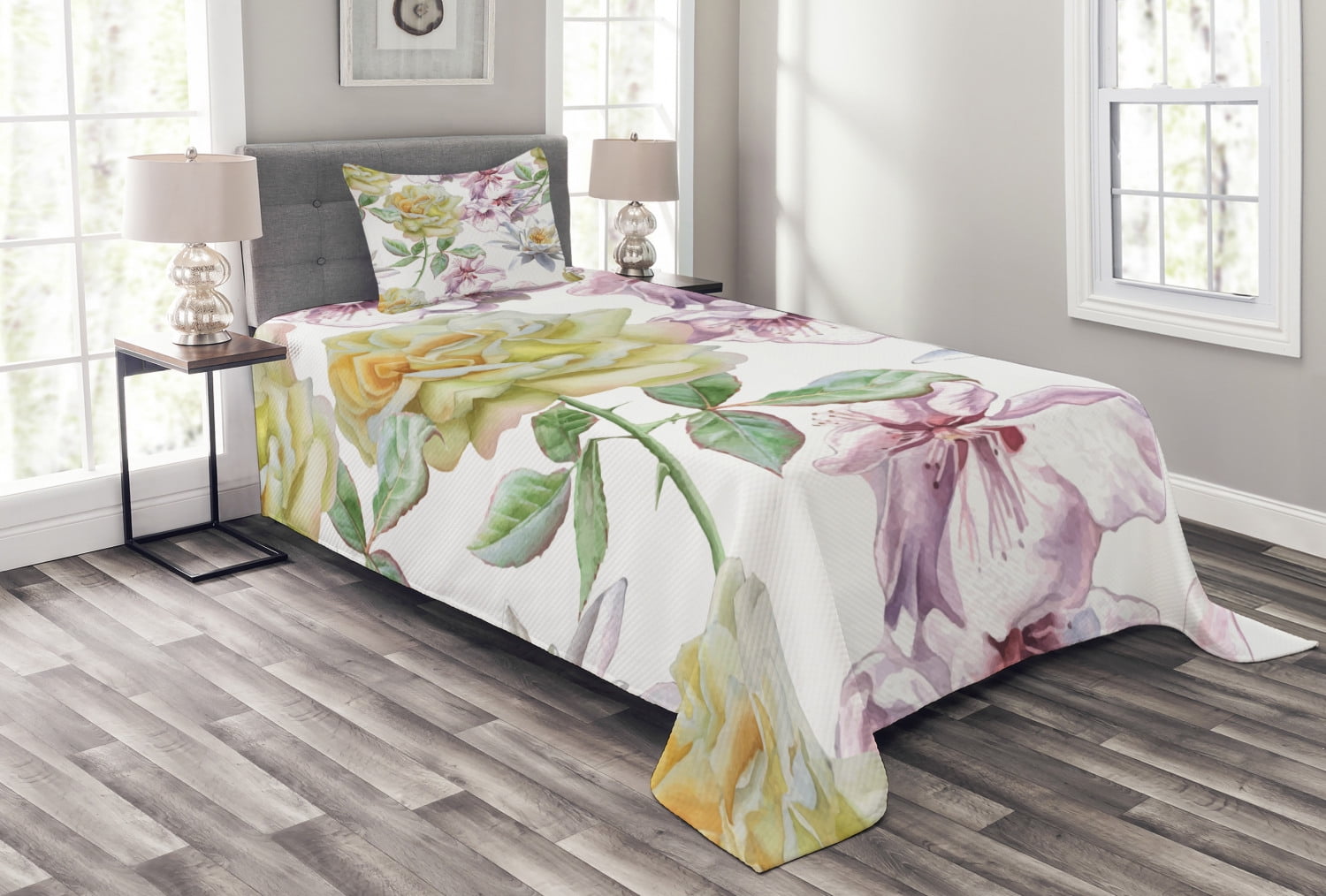 Ambesonne Floral Quilted Bedspread Set 2 Pcs, Rose Petals Sakura Lily ...