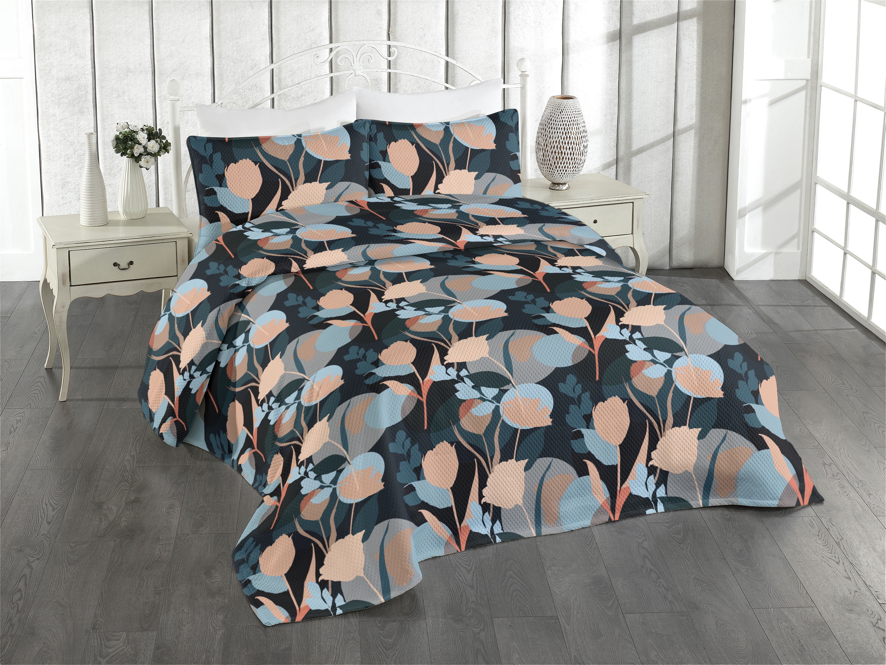 Ambesonne Floral Quilted Bedspread Set 3 Pcs, Abstract Silhouettes ...