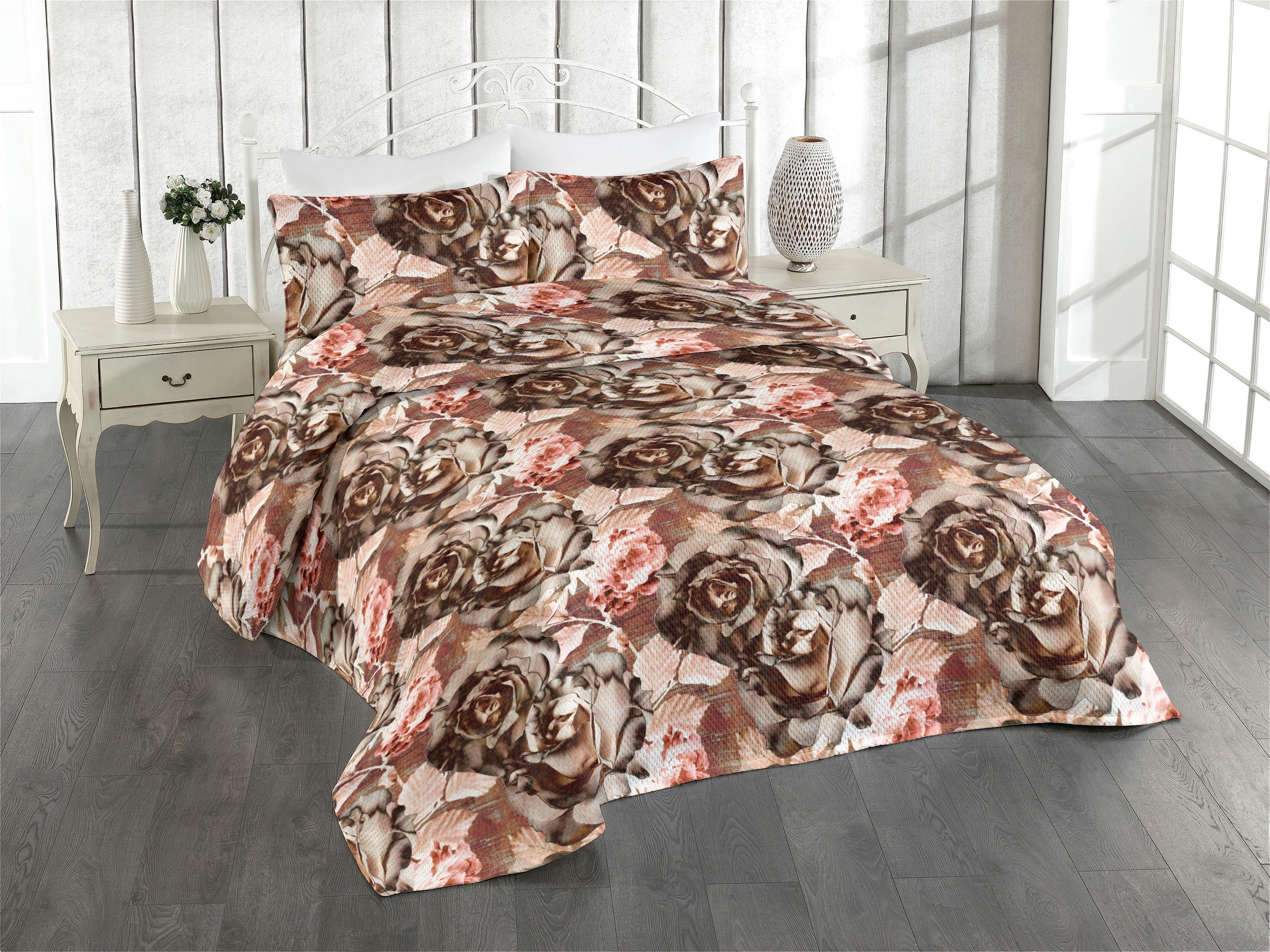 Ambesonne Floral Quilted Bedspread Set 3 Pcs, Art Vintage Pattern of ...