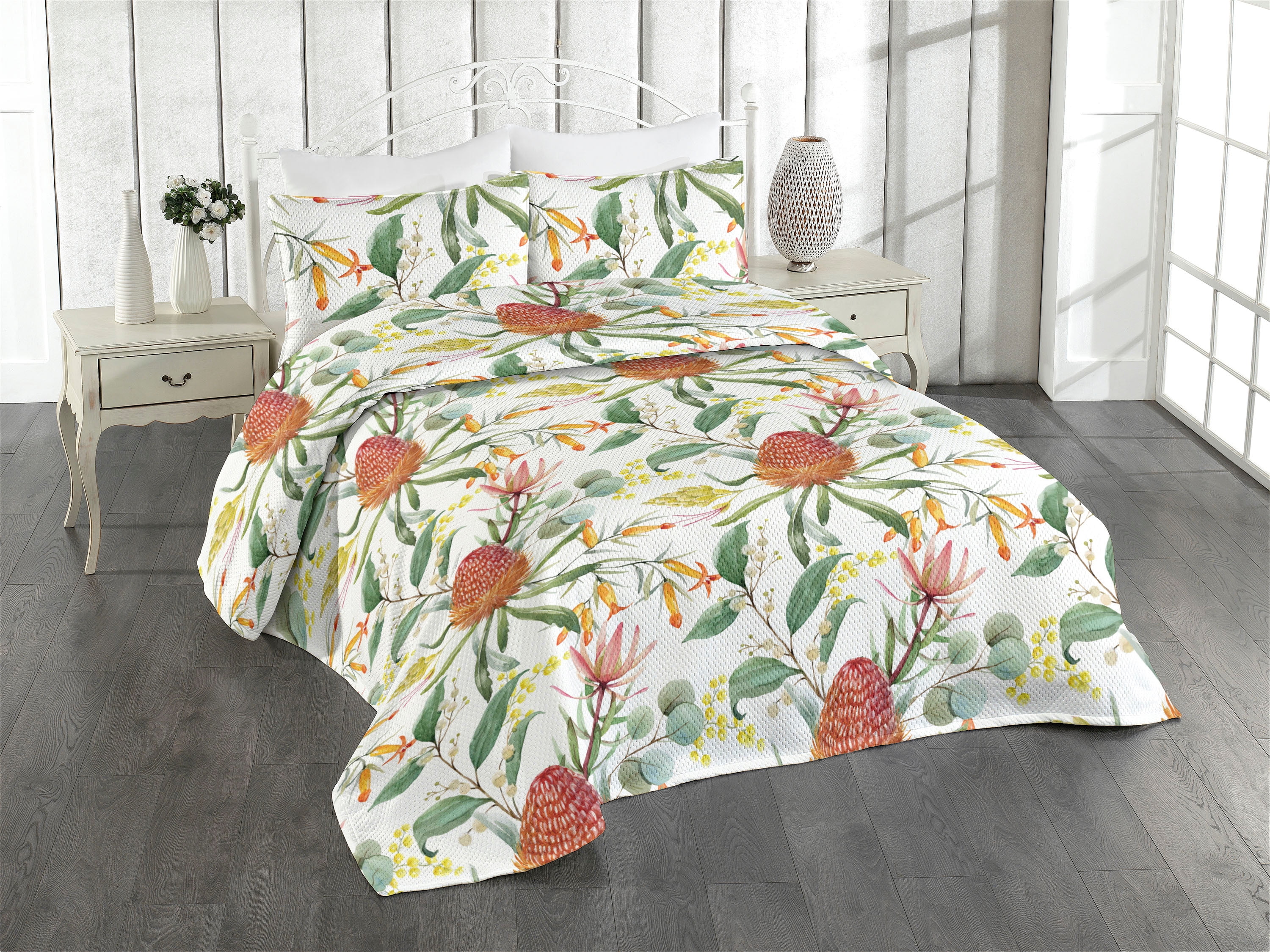 Ambesonne Floral Quilted Bedspread Set 3 Pcs, Australian Banksia ...