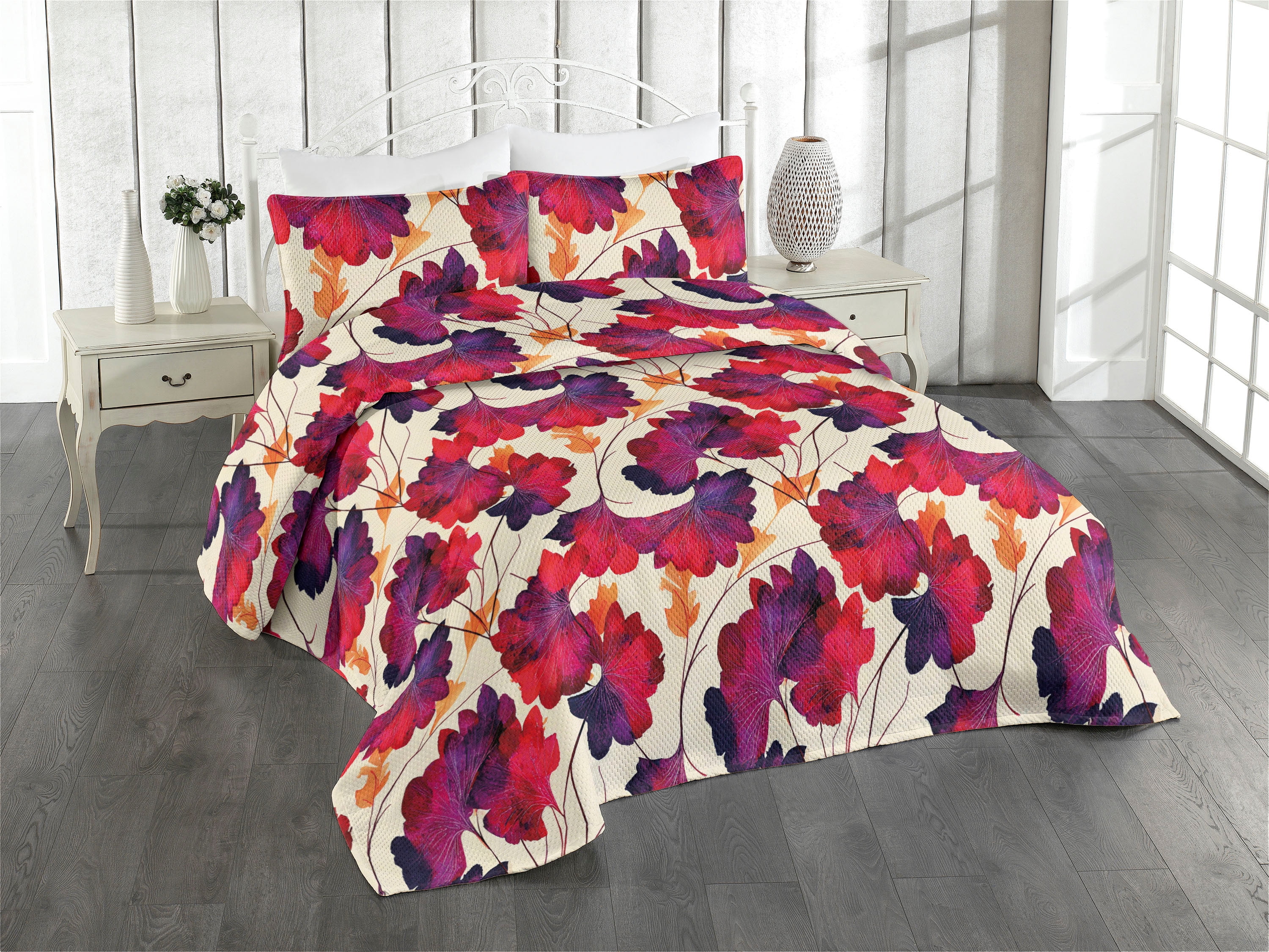 Ambesonne Floral Quilted Bedspread Set 3 Pcs, Autumn Season Leaves ...