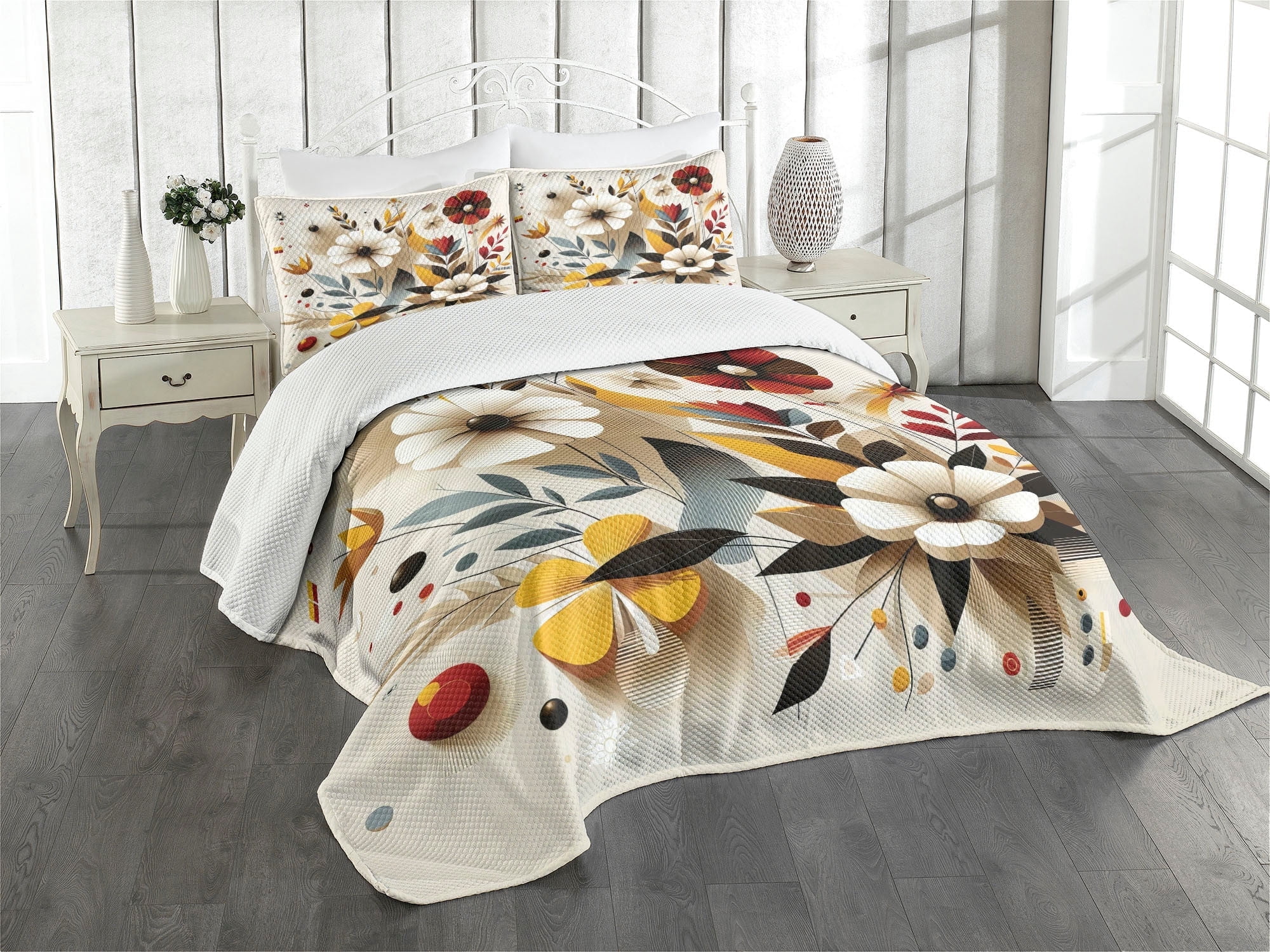 Ambesonne Floral Quilted Bedspread Set 3 Pcs, Autumnal Leaf Flowers Art ...