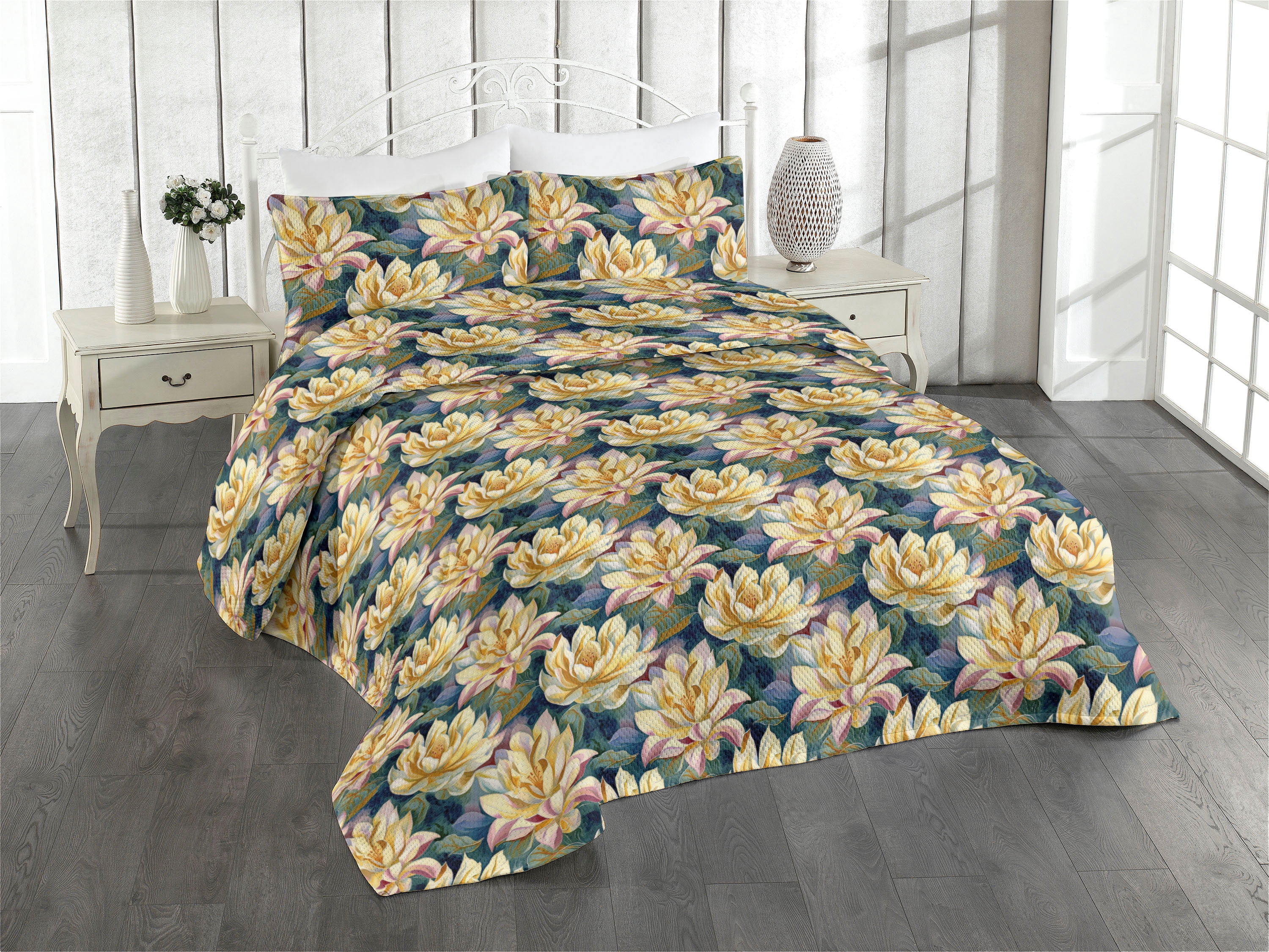 Ambesonne Floral Quilted Bedspread Set 3 Pcs, Blossoming Art Lotus ...