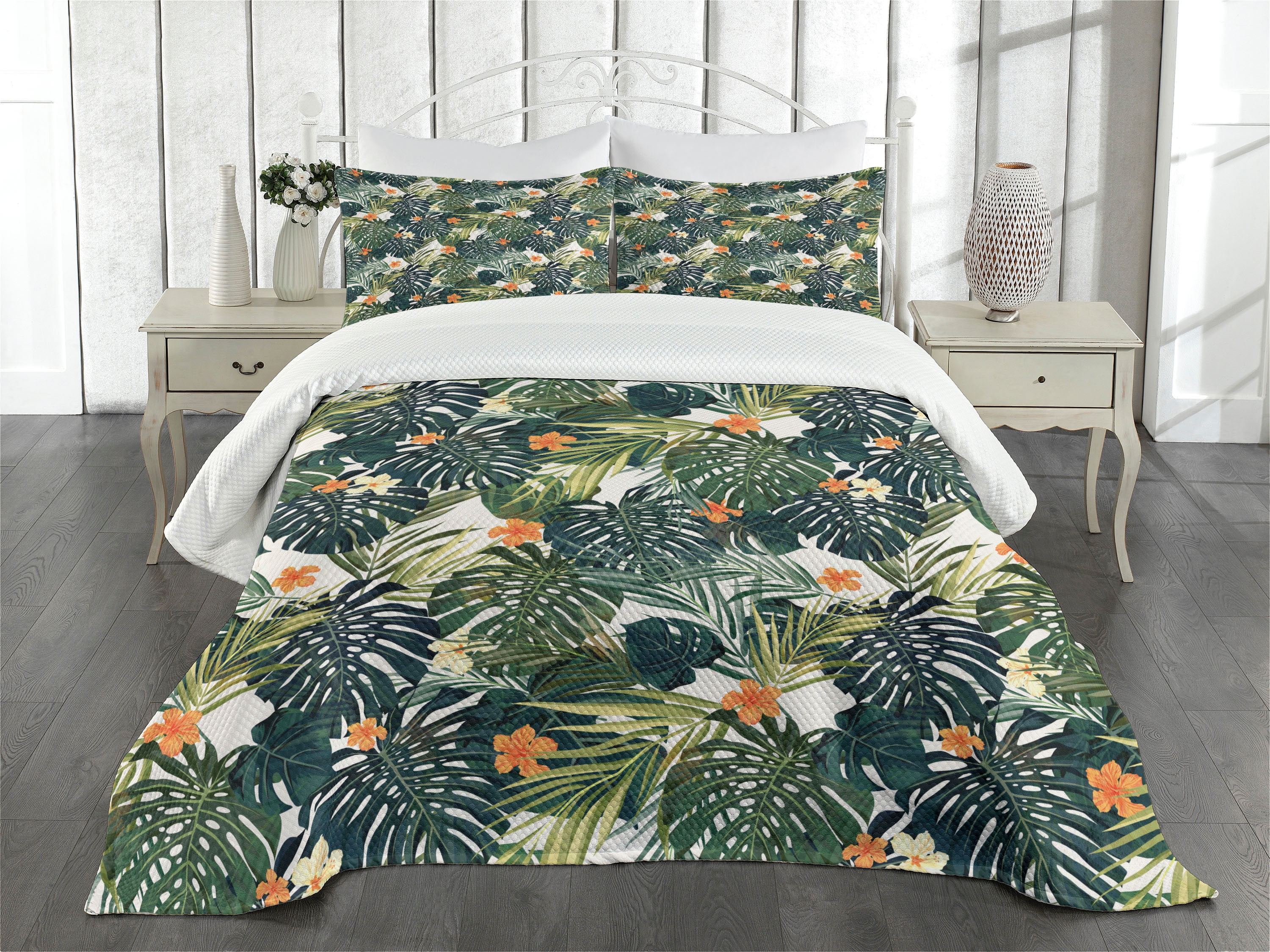 Ambesonne Floral Quilted Bedspread Set 3 Pcs, Botanic Tropic Leaves ...
