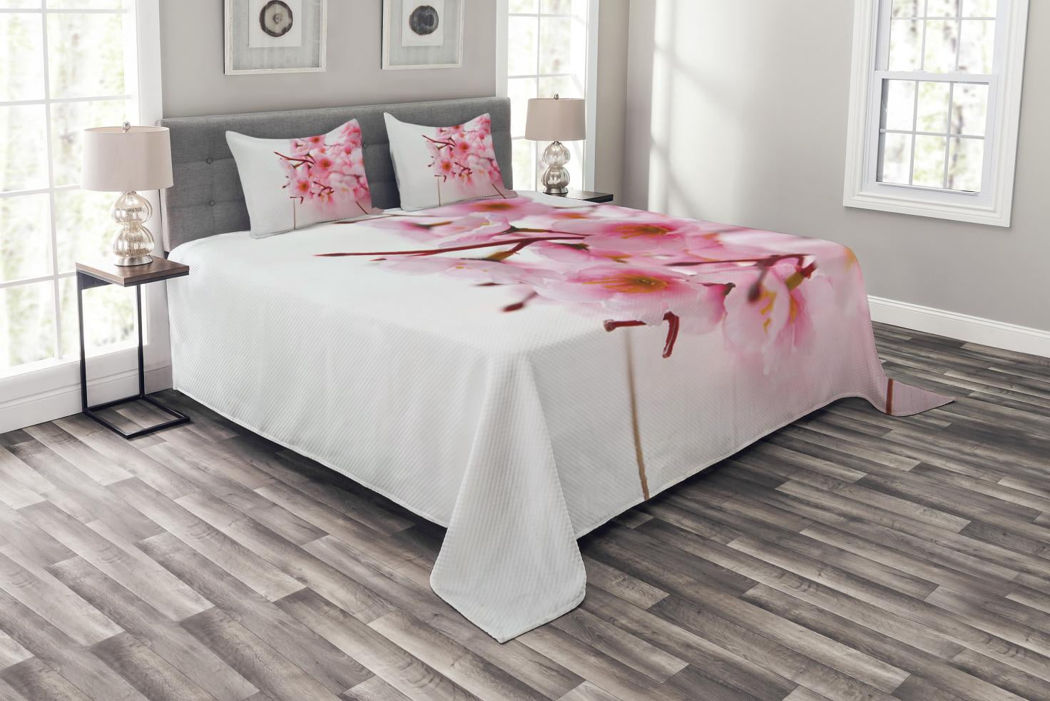 Ambesonne Floral Quilted Bedspread Set 3 Pcs, Cherry Blossom Petals ...