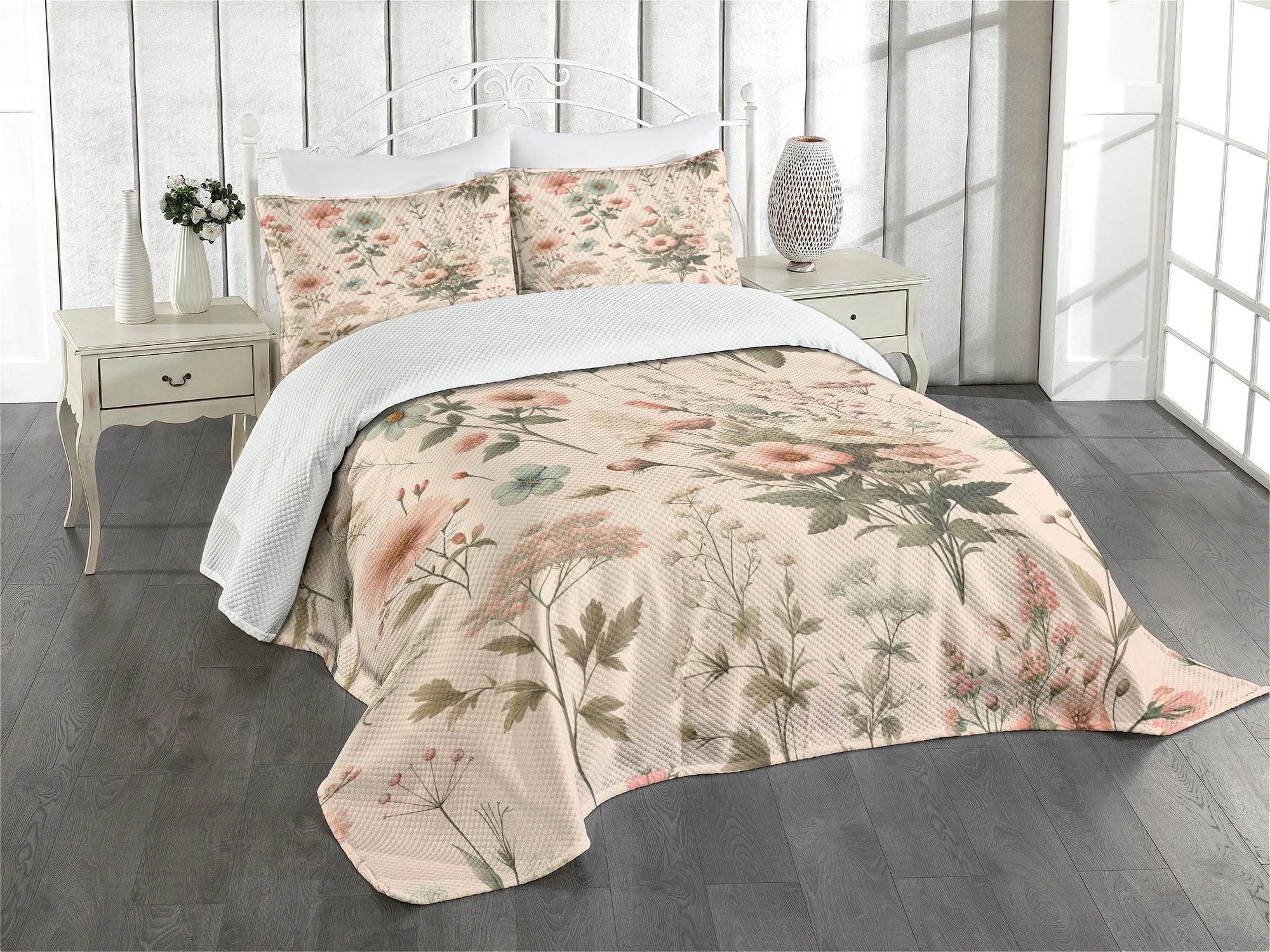 Ambesonne Floral Quilted Bedspread Set 3 Pcs, Classic Cottagecore Leafy ...