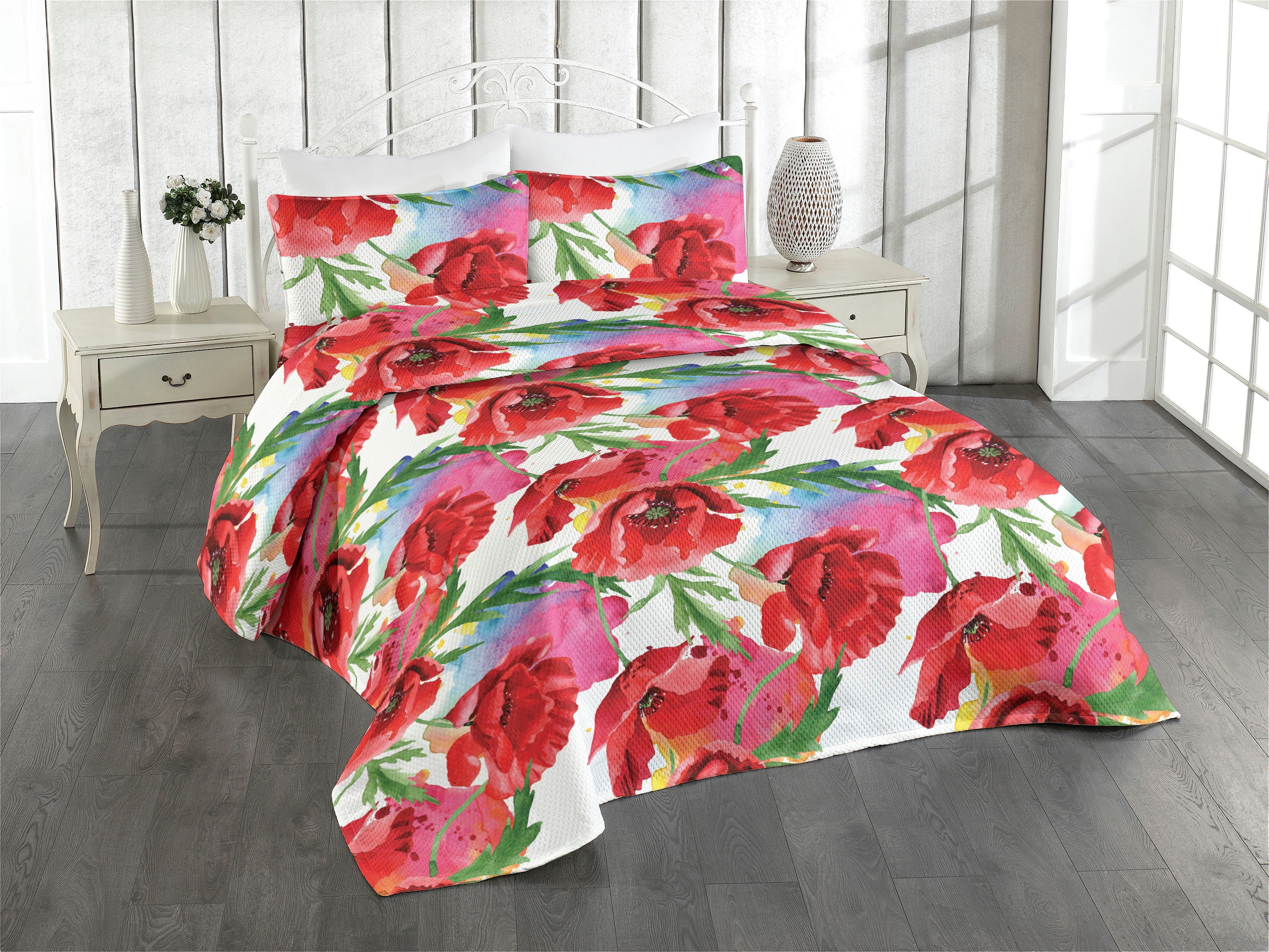 Ambesonne Floral Quilted Bedspread Set 3 Pcs, Colorful Flower Garden ...