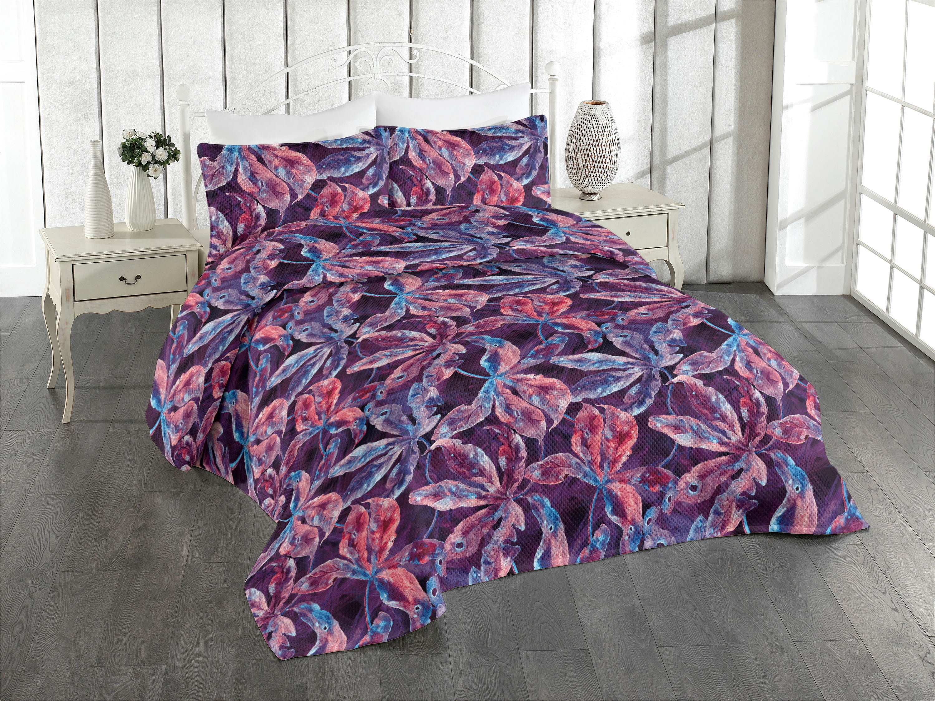 Ambesonne Floral Quilted Bedspread Set 3 Pcs, Contemporary Exotic Leaf ...
