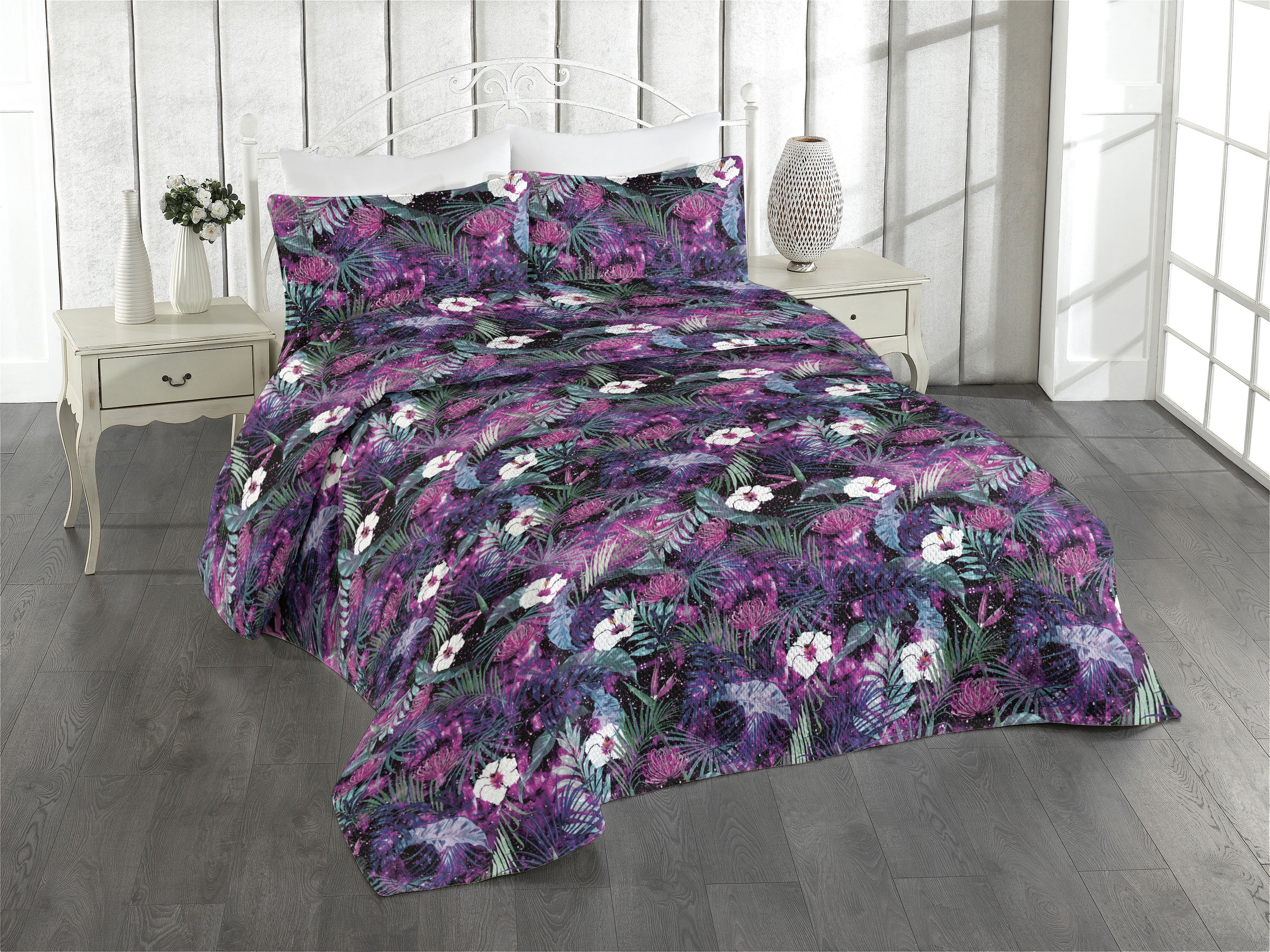 Ambesonne Floral Quilted Bedspread Set 3 Pcs, Cosmos Universe Bloom ...