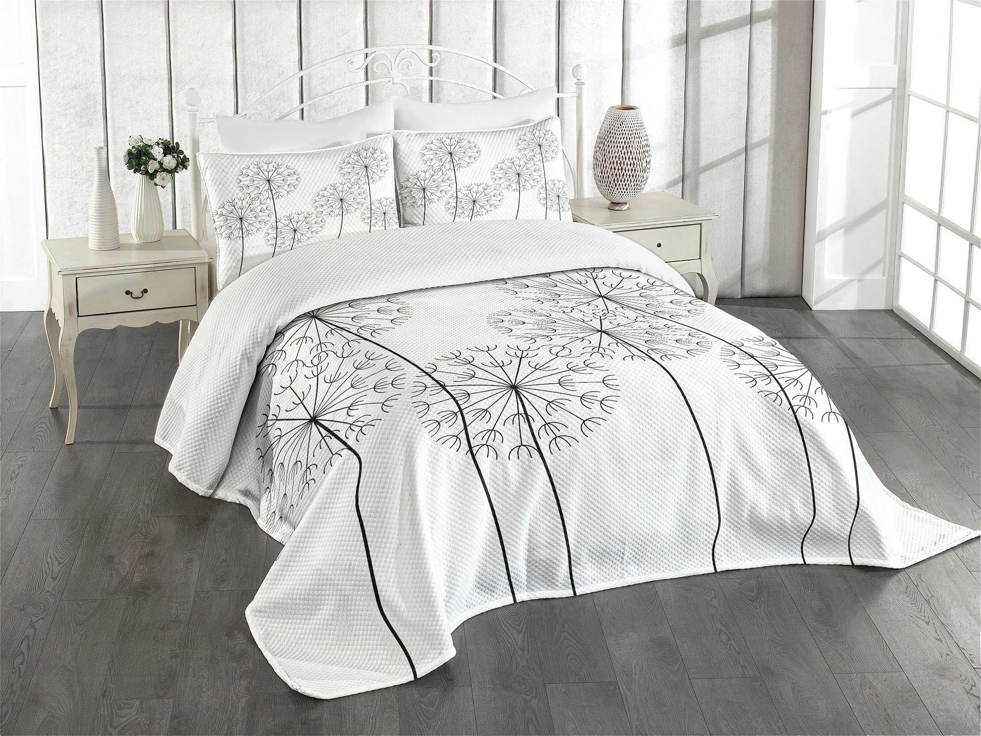 Ambesonne Floral Quilted Bedspread Set 3 Pcs, Digital Flower Dandelion ...