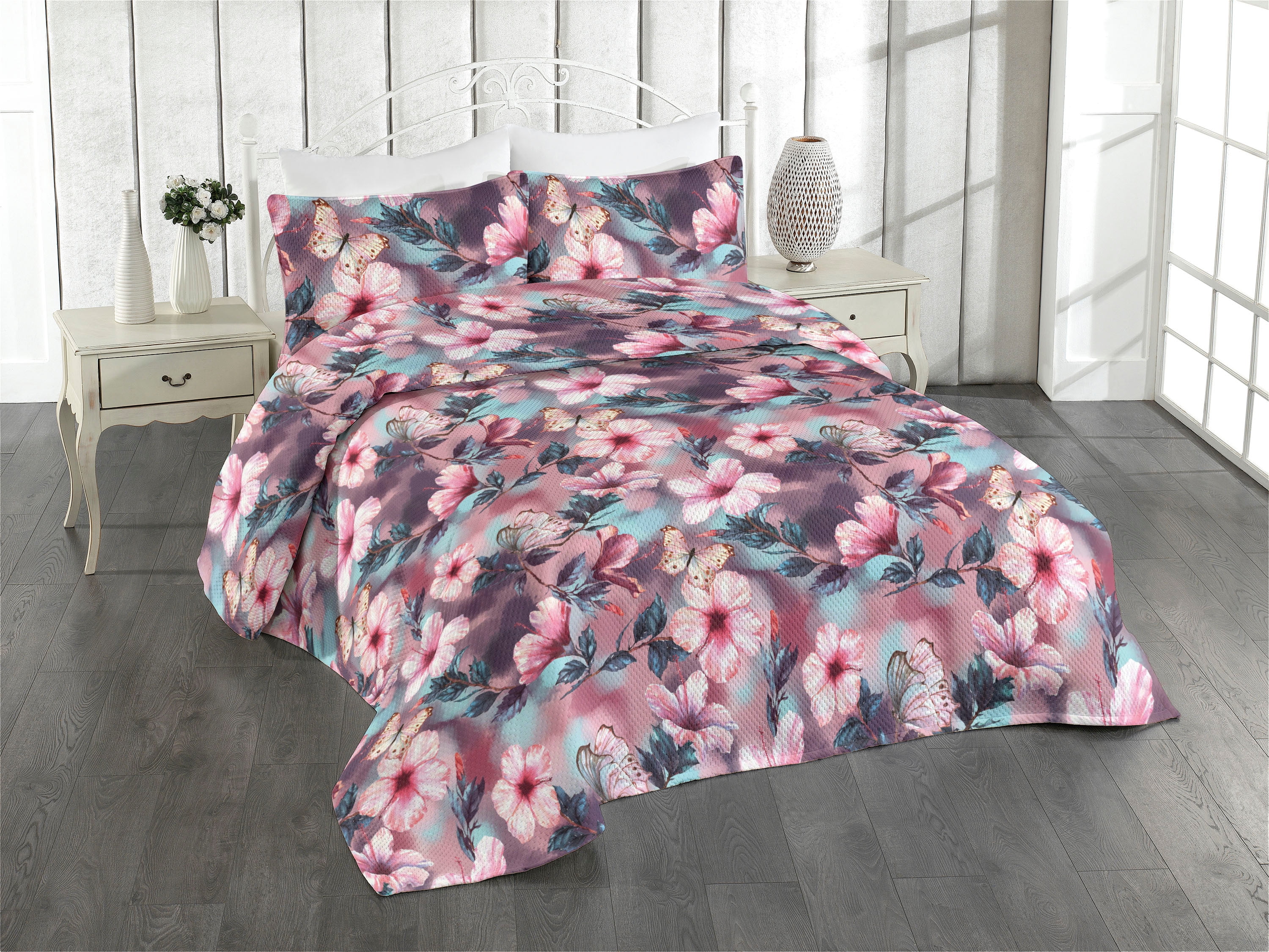Ambesonne Floral Quilted Bedspread Set 3 Pcs, Exotic Hibiscus Flowers ...