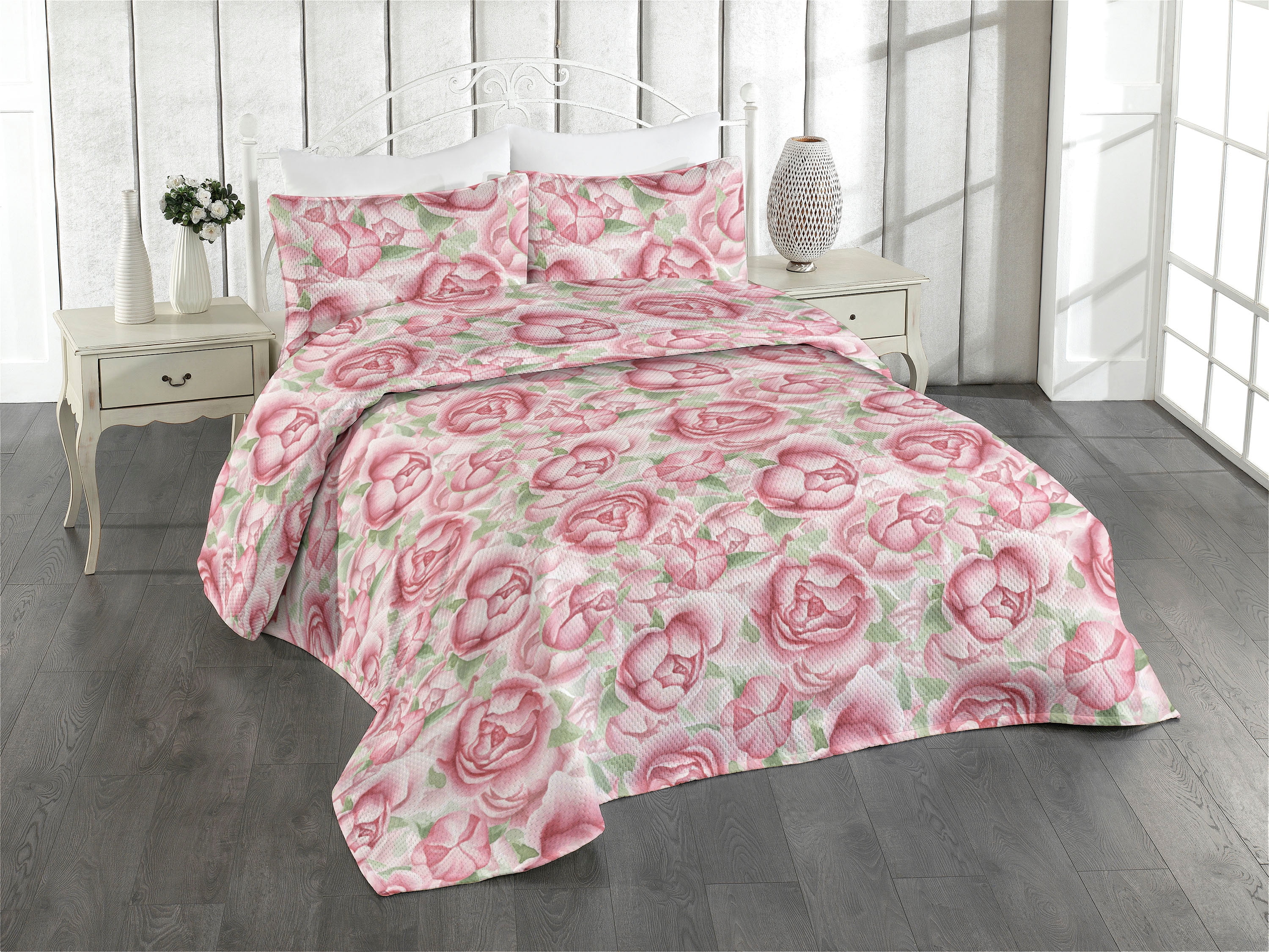 Ambesonne Floral Quilted Bedspread Set 3 Pcs, Flourishing Peony Flowers ...