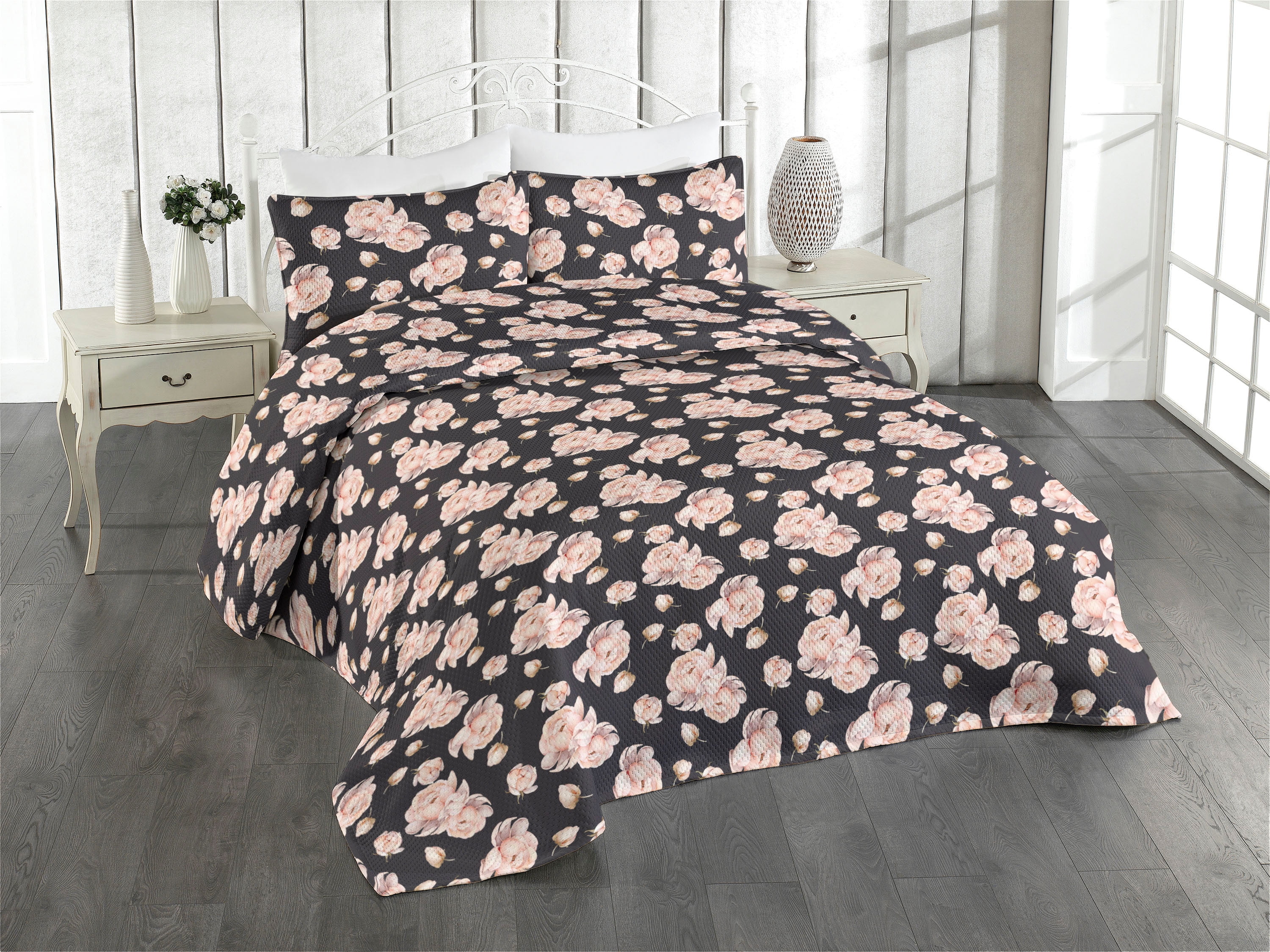 Ambesonne Floral Quilted Bedspread Set 3 Pcs, Flower Buds Roses Art ...