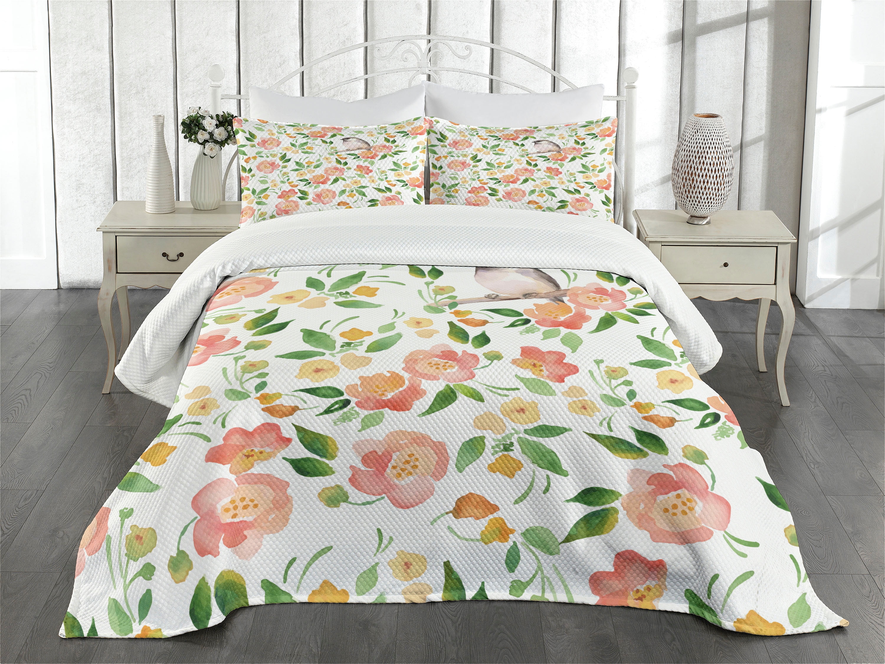 Ambesonne Floral Quilted Bedspread Set 3 Pcs, Flower Petals Blossoms ...