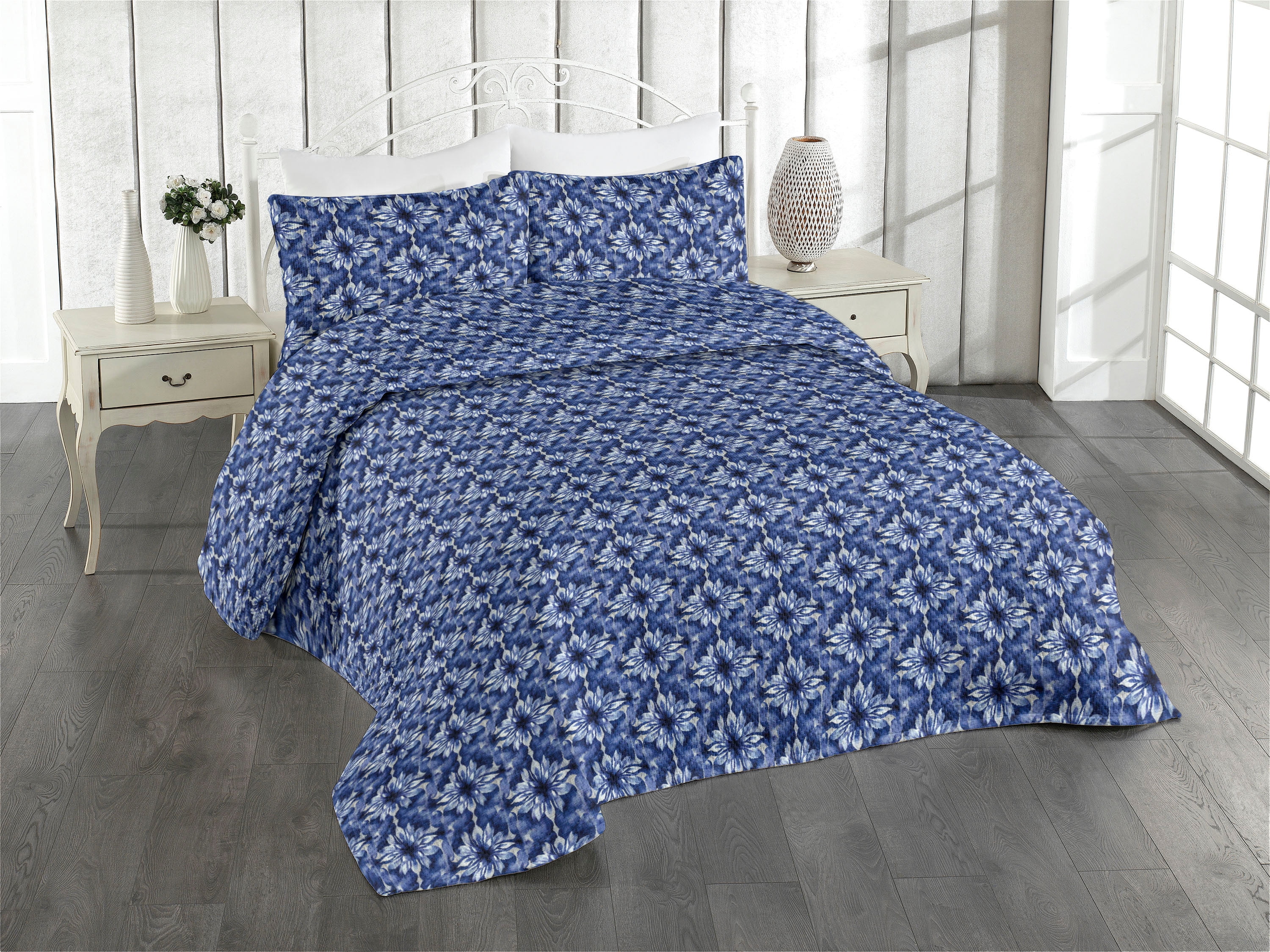 Ambesonne Floral Quilted Bedspread Set 3 Pcs, Flowering Nature Artwork ...