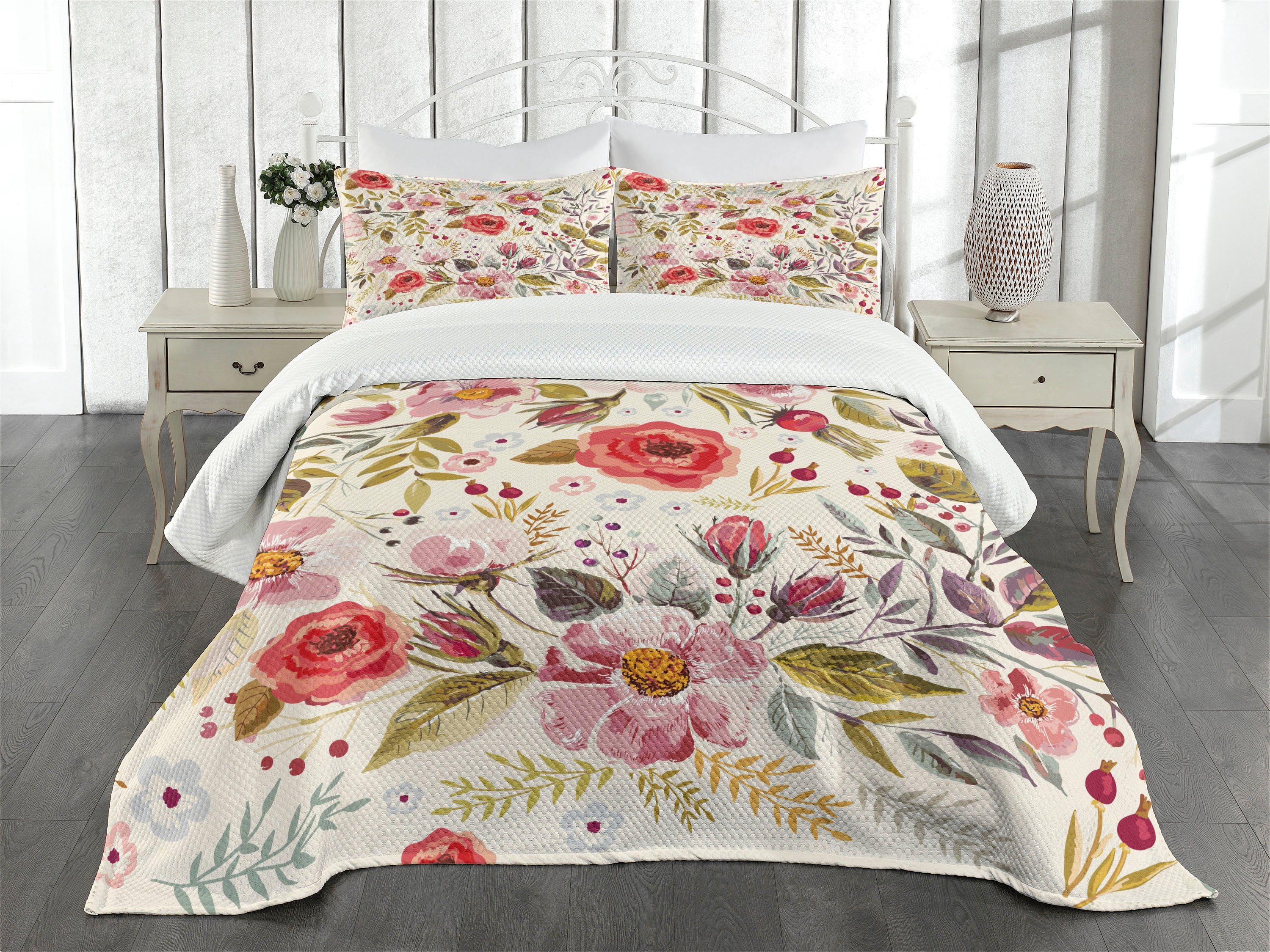 Ambesonne Floral Quilted Bedspread Set 3 Pcs, Flowers Roses Blooms ...