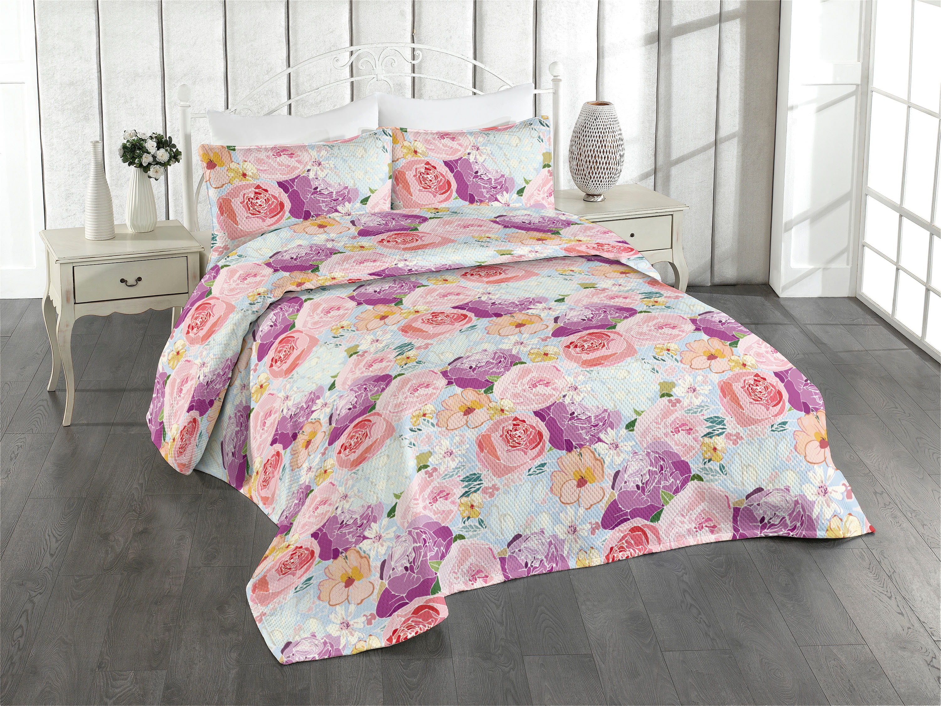 Ambesonne Floral Quilted Bedspread Set 3 Pcs, Flowers Vintage Exotics ...