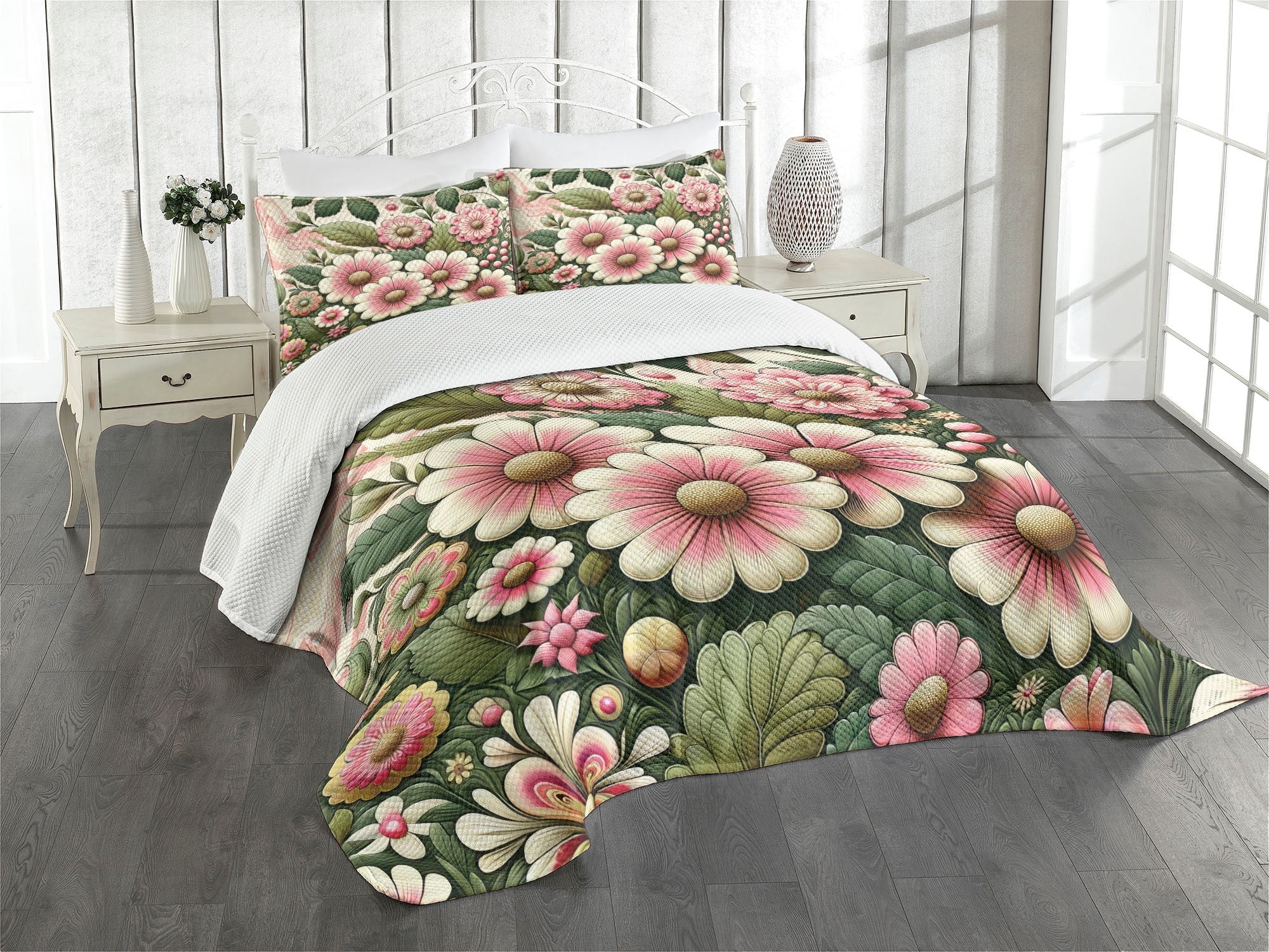 Ambesonne Floral Quilted Bedspread Set 3 Pcs, Garden of Flowers in 70s ...