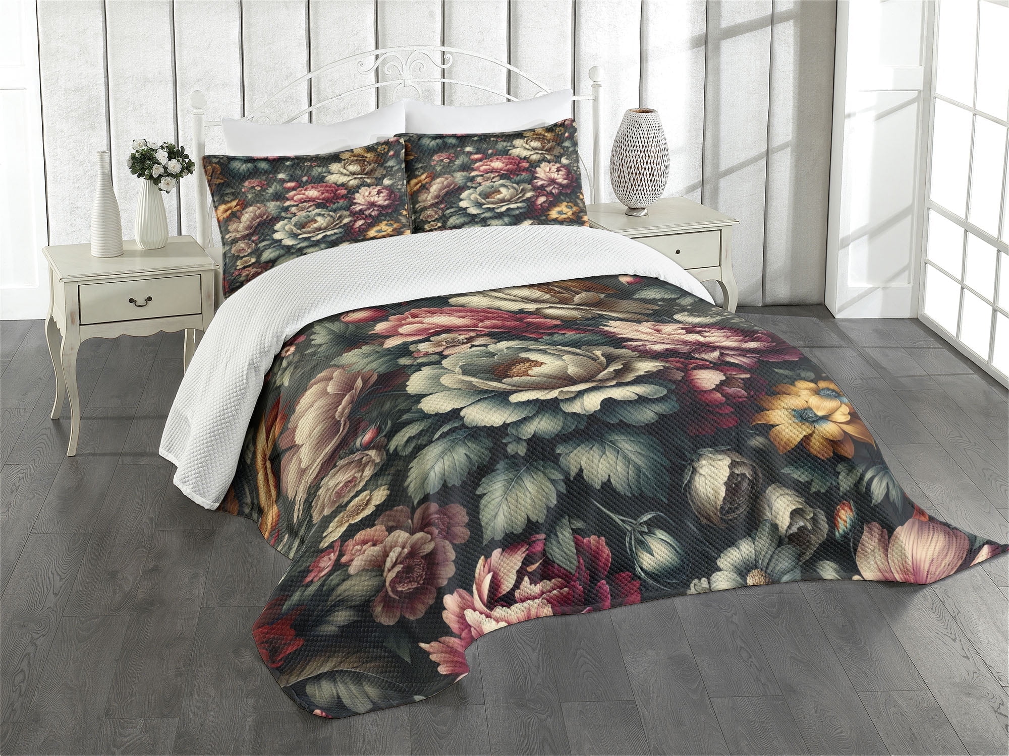 Ambesonne Floral Quilted Bedspread Set 3 Pcs, Jumble Garden Peony ...