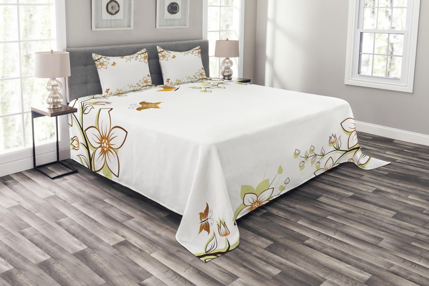 Ambesonne Floral Quilted Bedspread Set 3 Pcs, Leaves Branches Buds ...