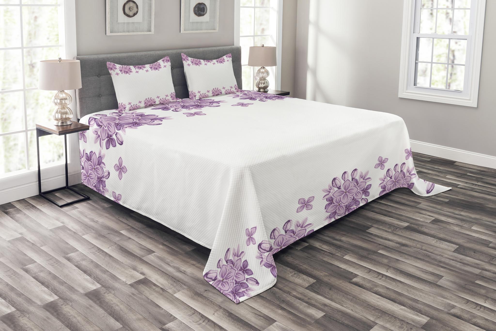 Ambesonne Floral Quilted Bedspread Set 3 Pcs, Lilac Flowers Blossoms ...