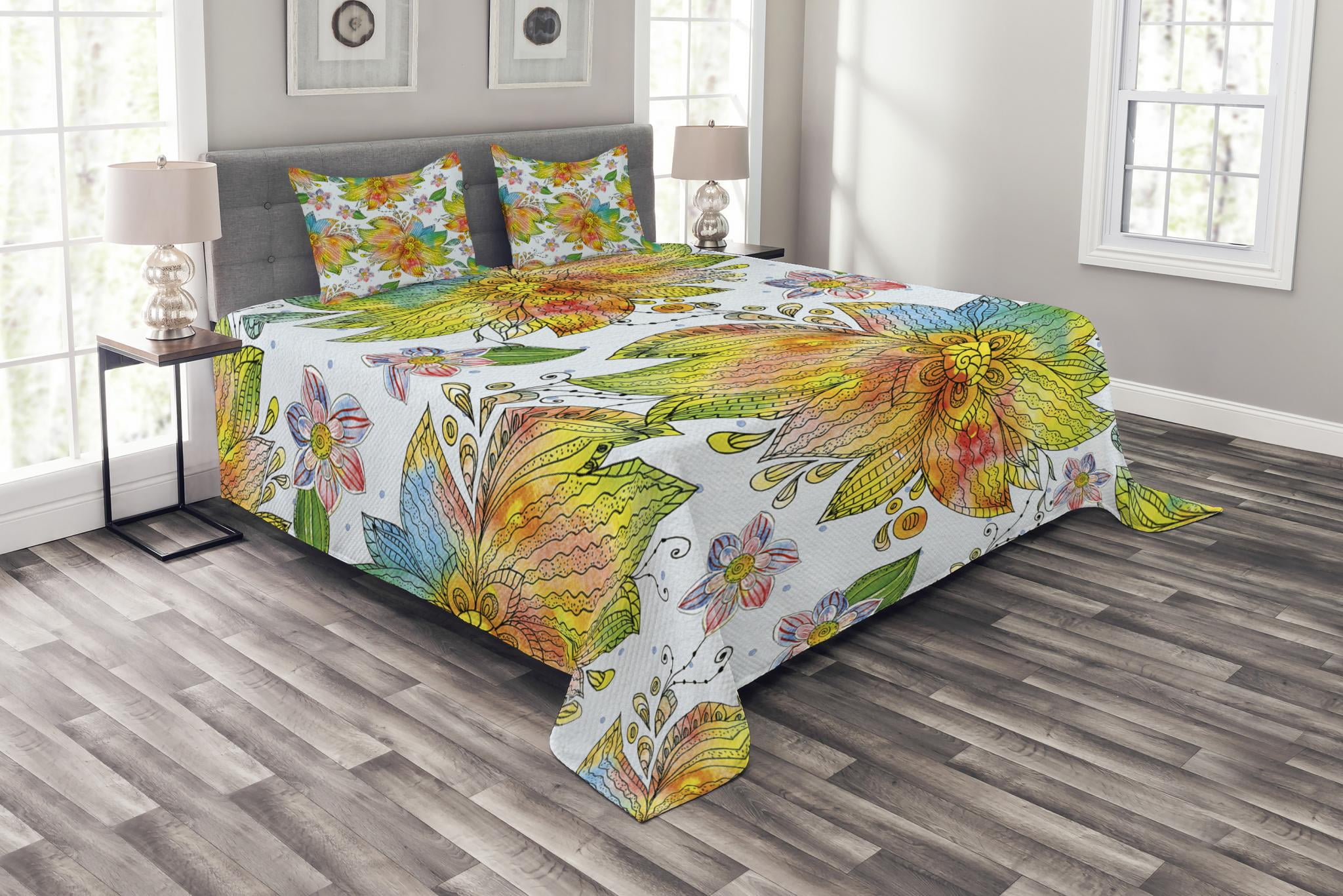 Ambesonne Floral Quilted Bedspread Set 3 Pcs, Macro Flower Petals Art ...