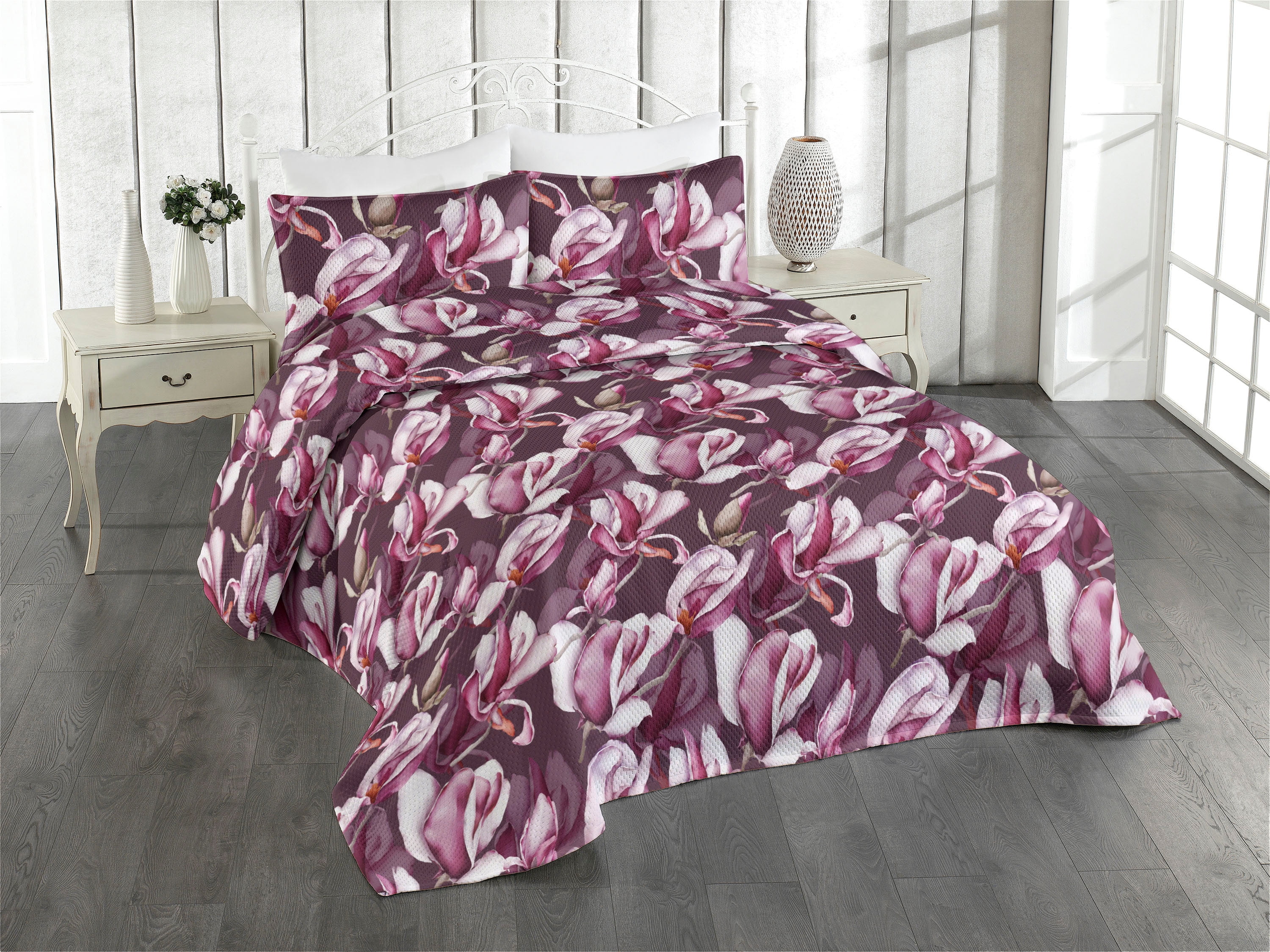 Ambesonne Floral Quilted Bedspread Set 3 Pcs, Magnolia Flowers ...
