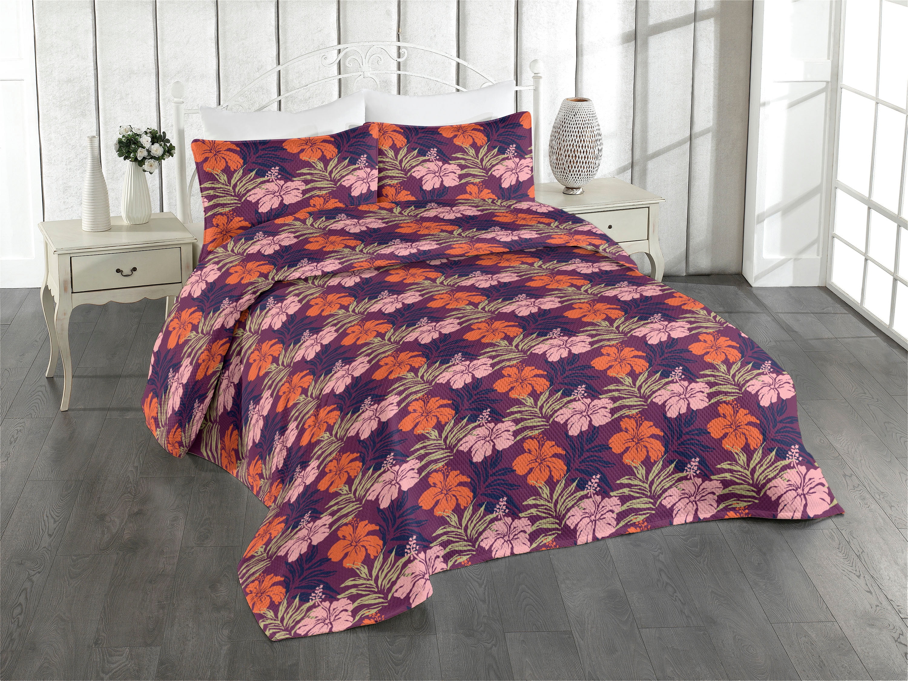Ambesonne Floral Quilted Bedspread Set 3 Pcs, Minimalist Hibiscus ...