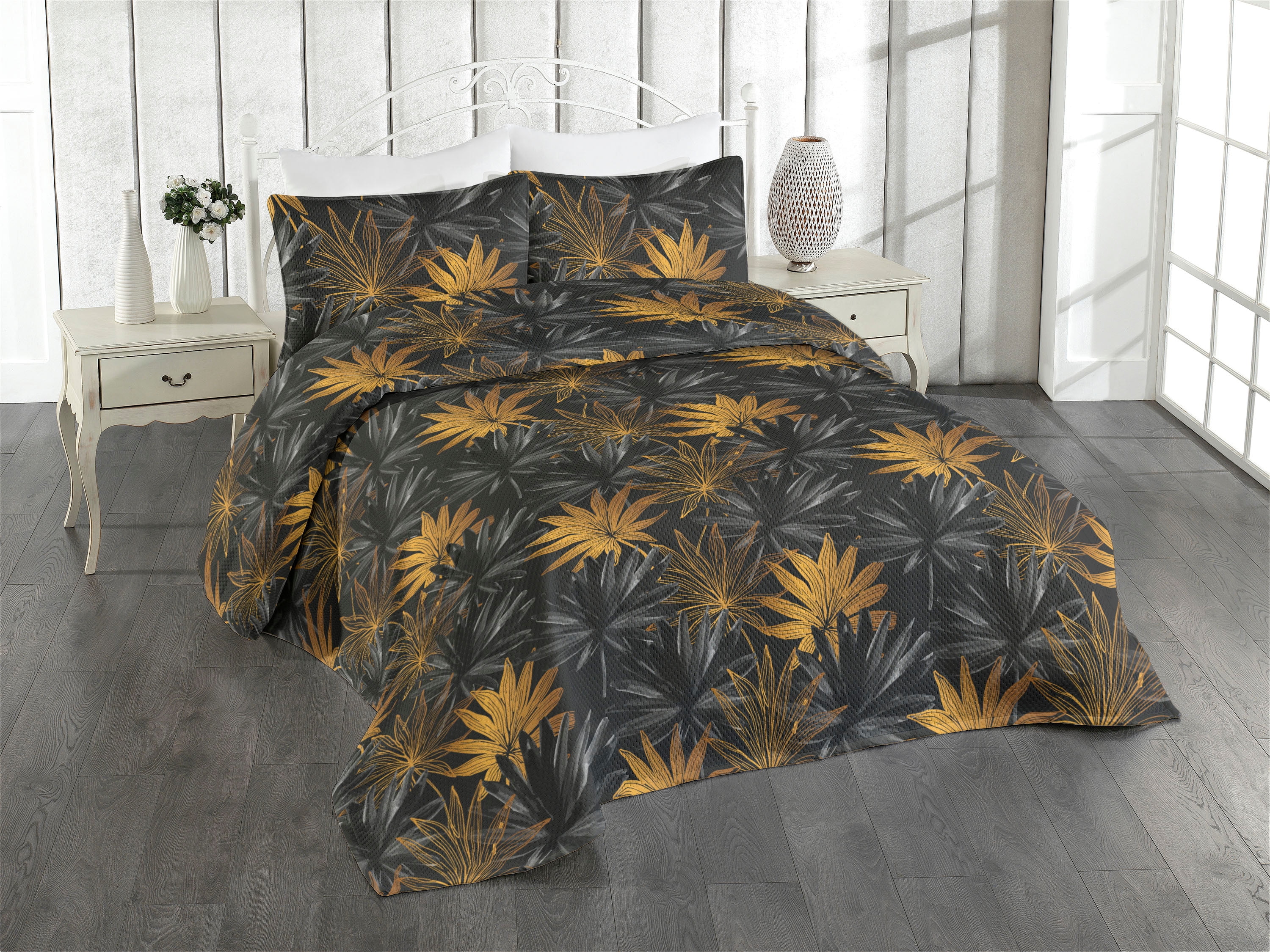 Ambesonne Floral Quilted Bedspread Set 3 Pcs, Minimalist Tropical ...