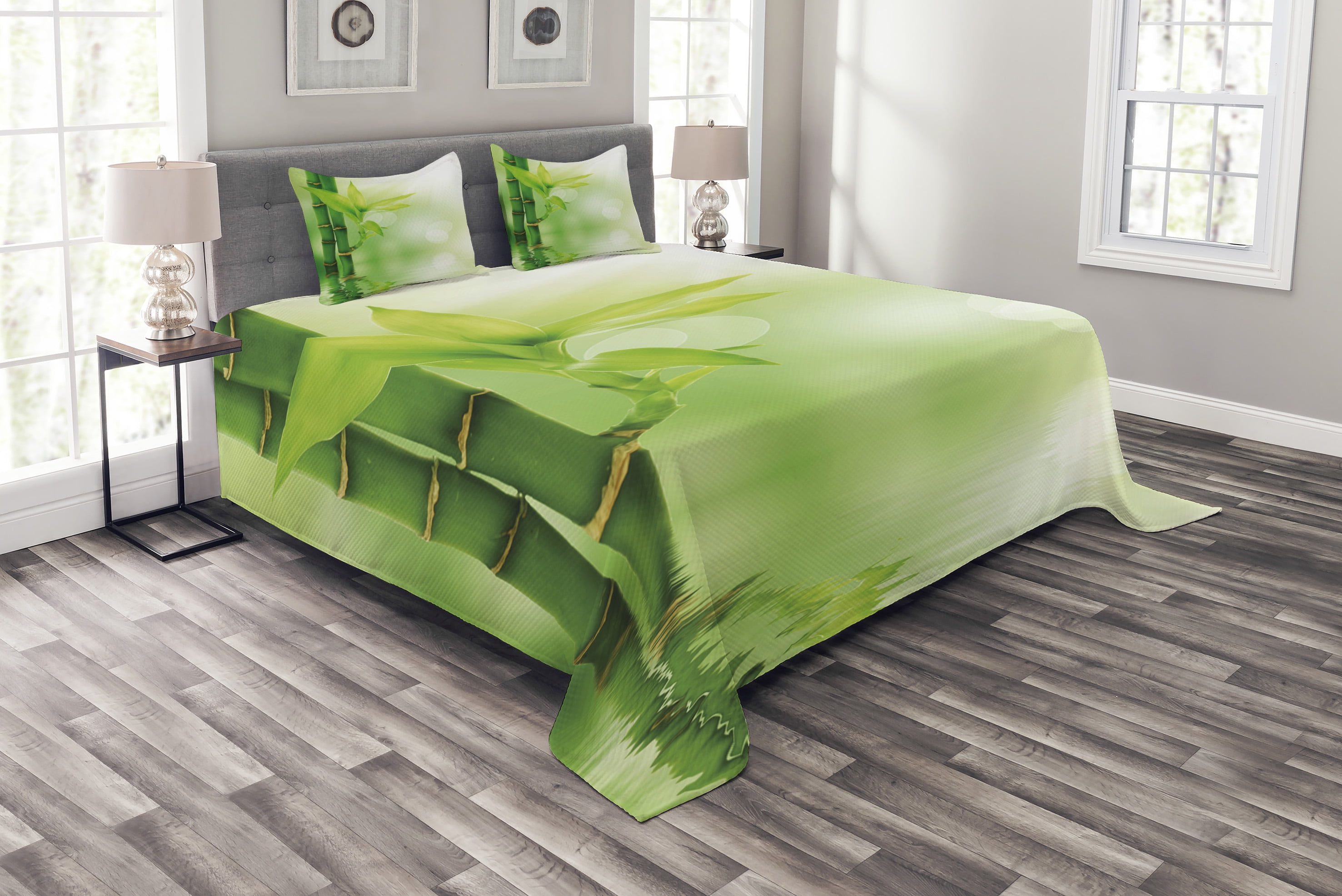 Ambesonne Floral Quilted Bedspread Set 3 Pcs, Modern Asian Boho Bloom Art, Queen Size, Emerald ...