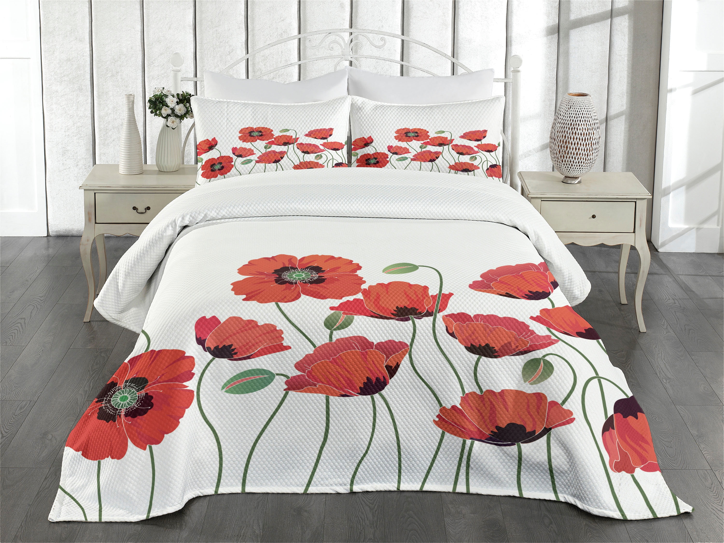 Ambesonne Floral Quilted Bedspread Set 3 Pcs, Natural Poppy Garden ...