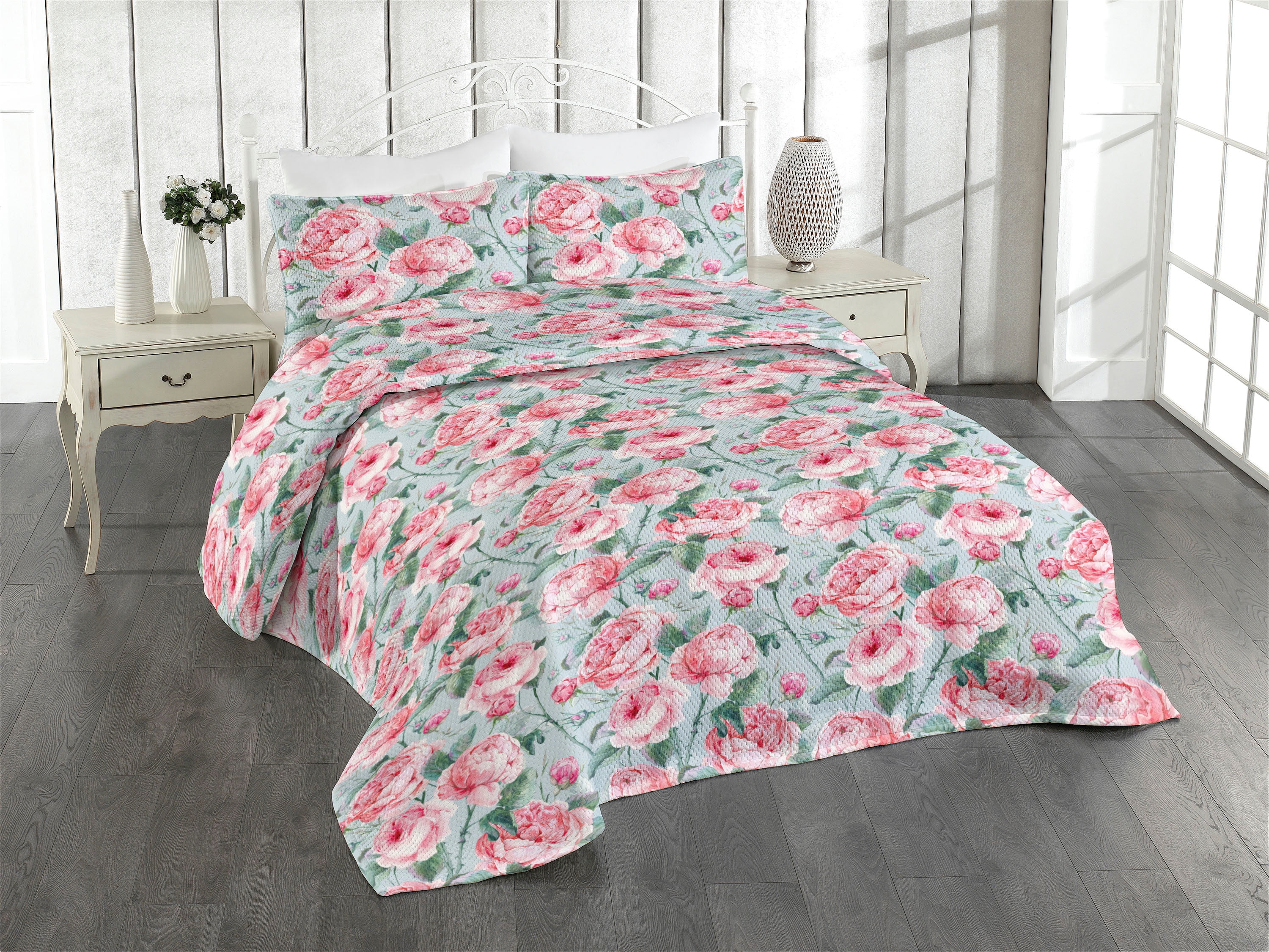 Ambesonne Floral Quilted Bedspread Set 3 Pcs, Pastel Pink Peony Flowers ...