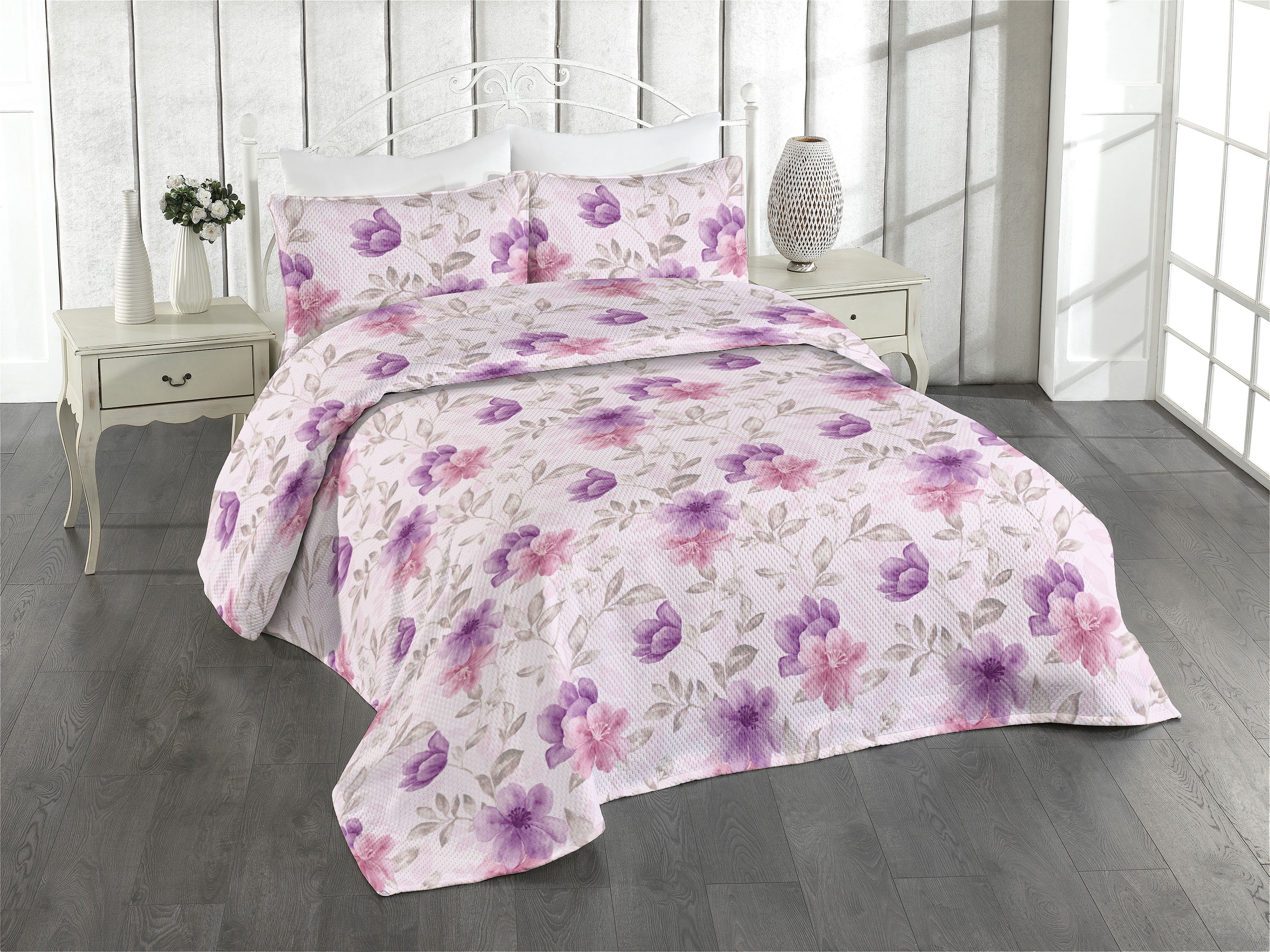 Ambesonne Floral Quilted Bedspread Set 3 Pcs, Pastel Soft Flowers Motif ...